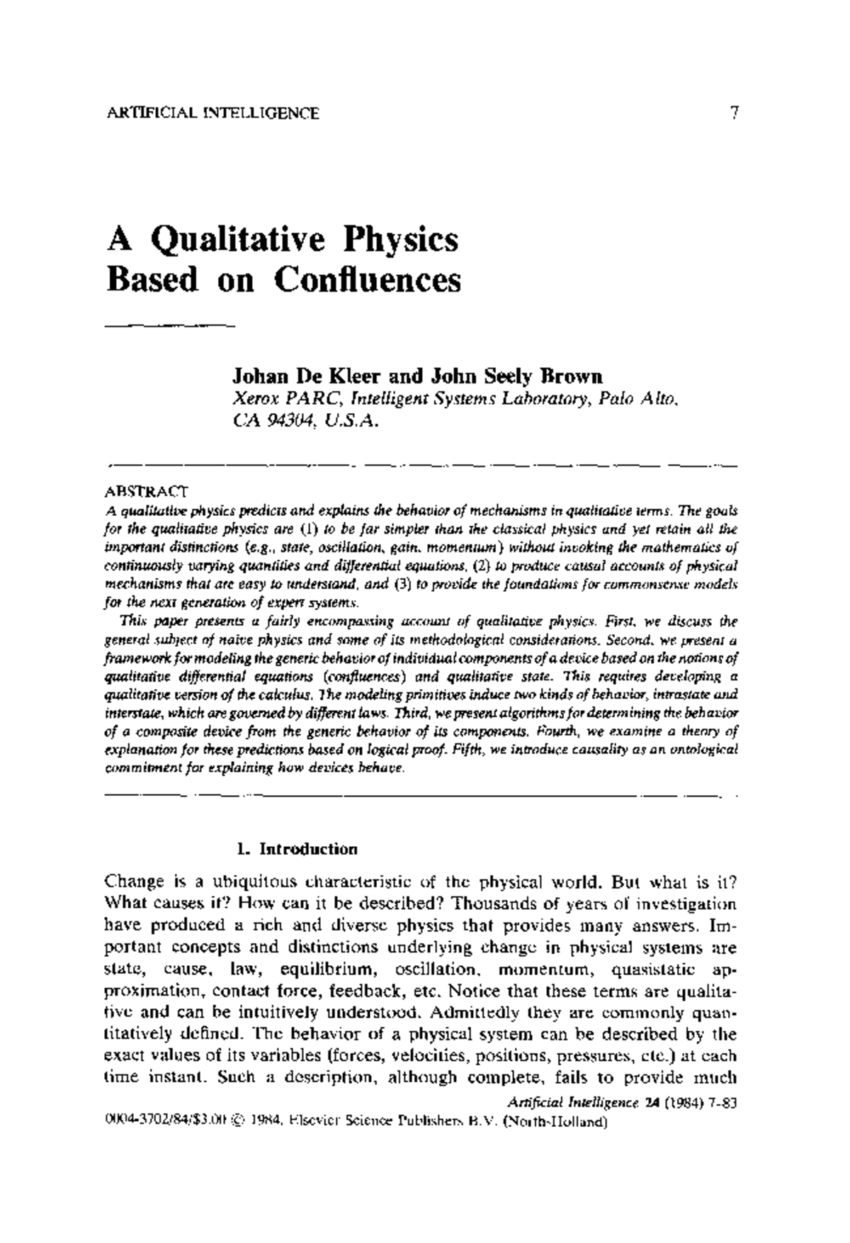 A Qualitative Physics - ARTIFICIAL INTELLIGENCE 7 A Qualitative Physics ...