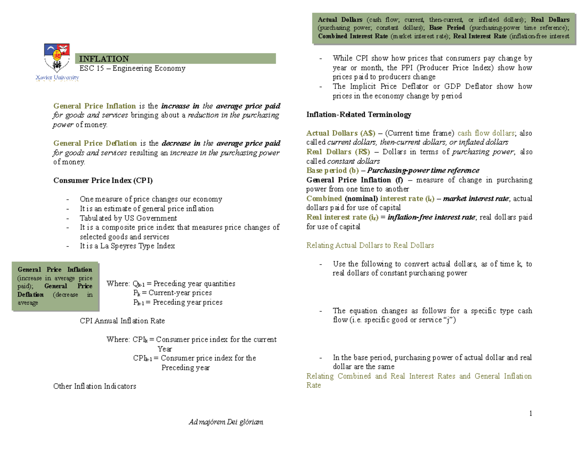 C1 ESC 15 Notes V - etc - INFLATION ESC 15 – Engineering Economy ...
