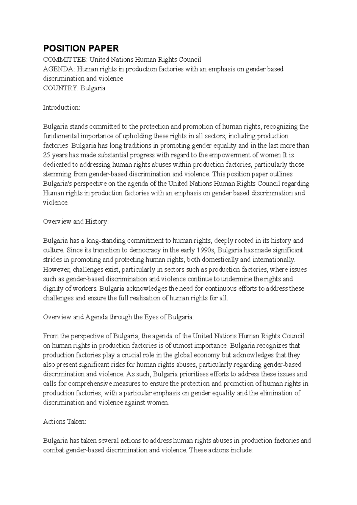 Bulgaria - Mun - POSITION PAPER COMMITTEE: United Nations Human Rights ...