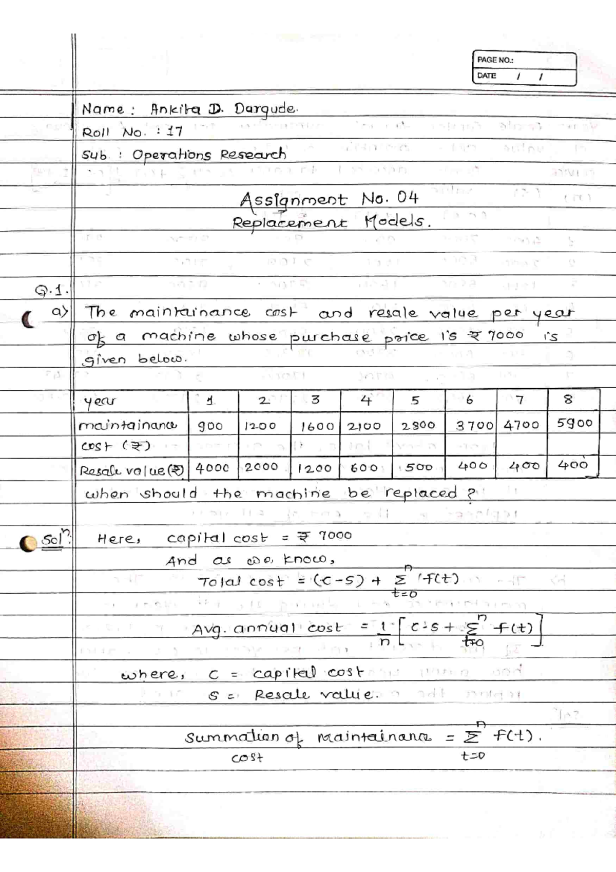 Assignment OR Replacement Models - Operations Management - Studocu