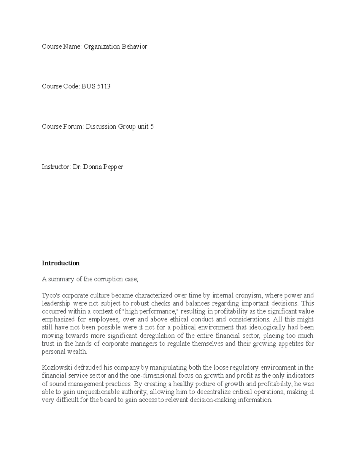 OB Written Assignment Case Study Tyco Unit 7 for Organizational Theory ...