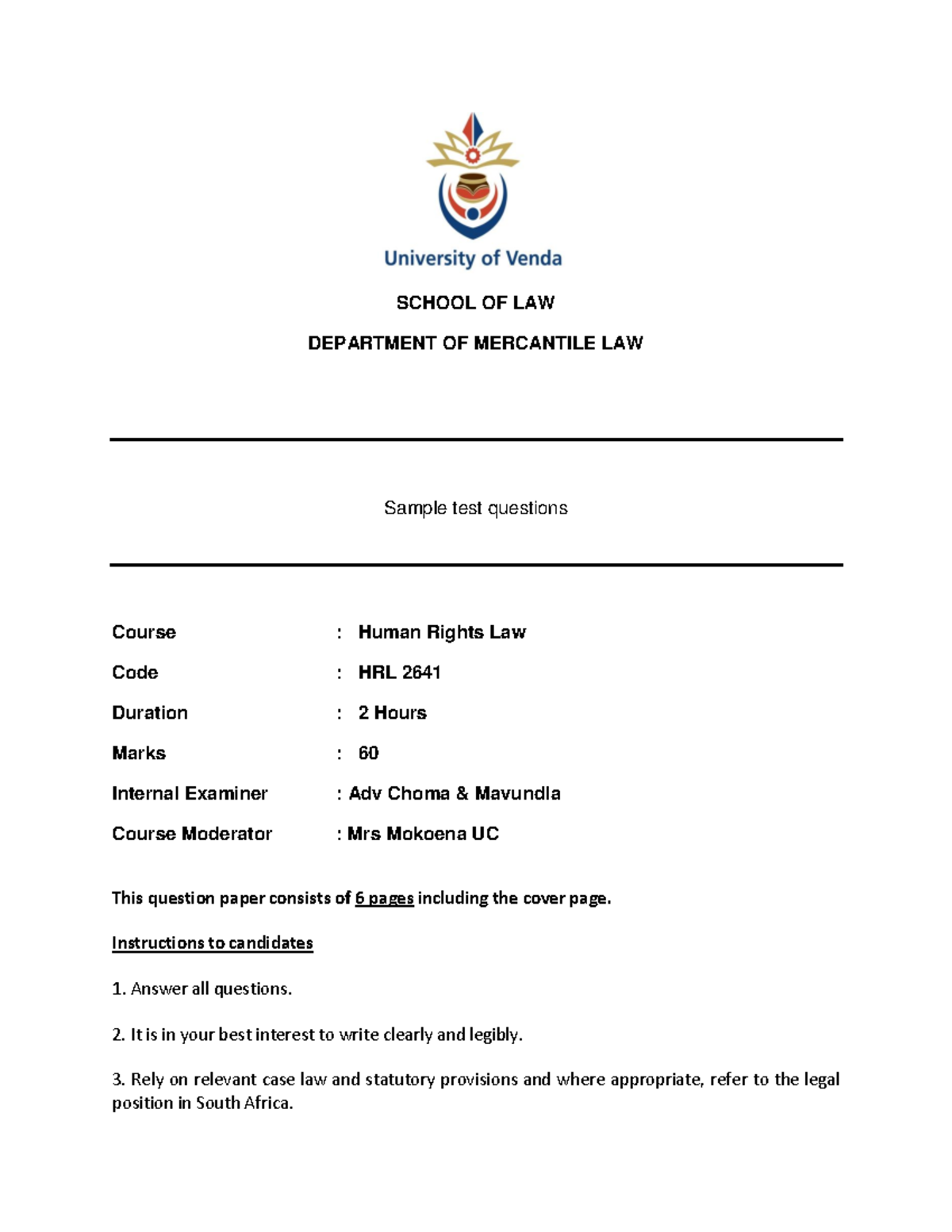 Test 2017, questions - SCHOOL OF LAW DEPARTMENT OF MERCANTILE LAW ...
