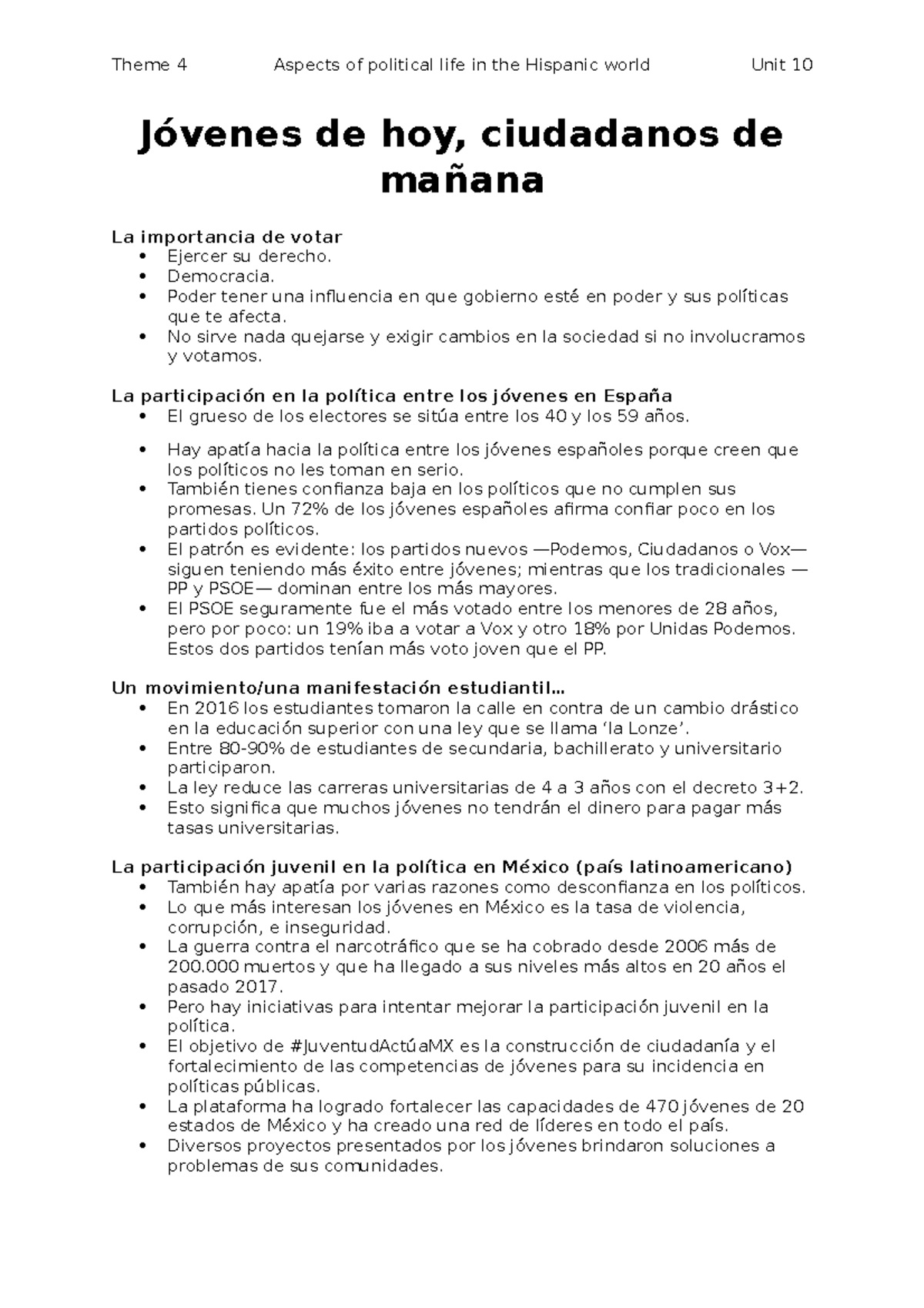 Unit 10 Jovenes de hoy, ciudadanos de manana - Theme 4 Aspects of ...