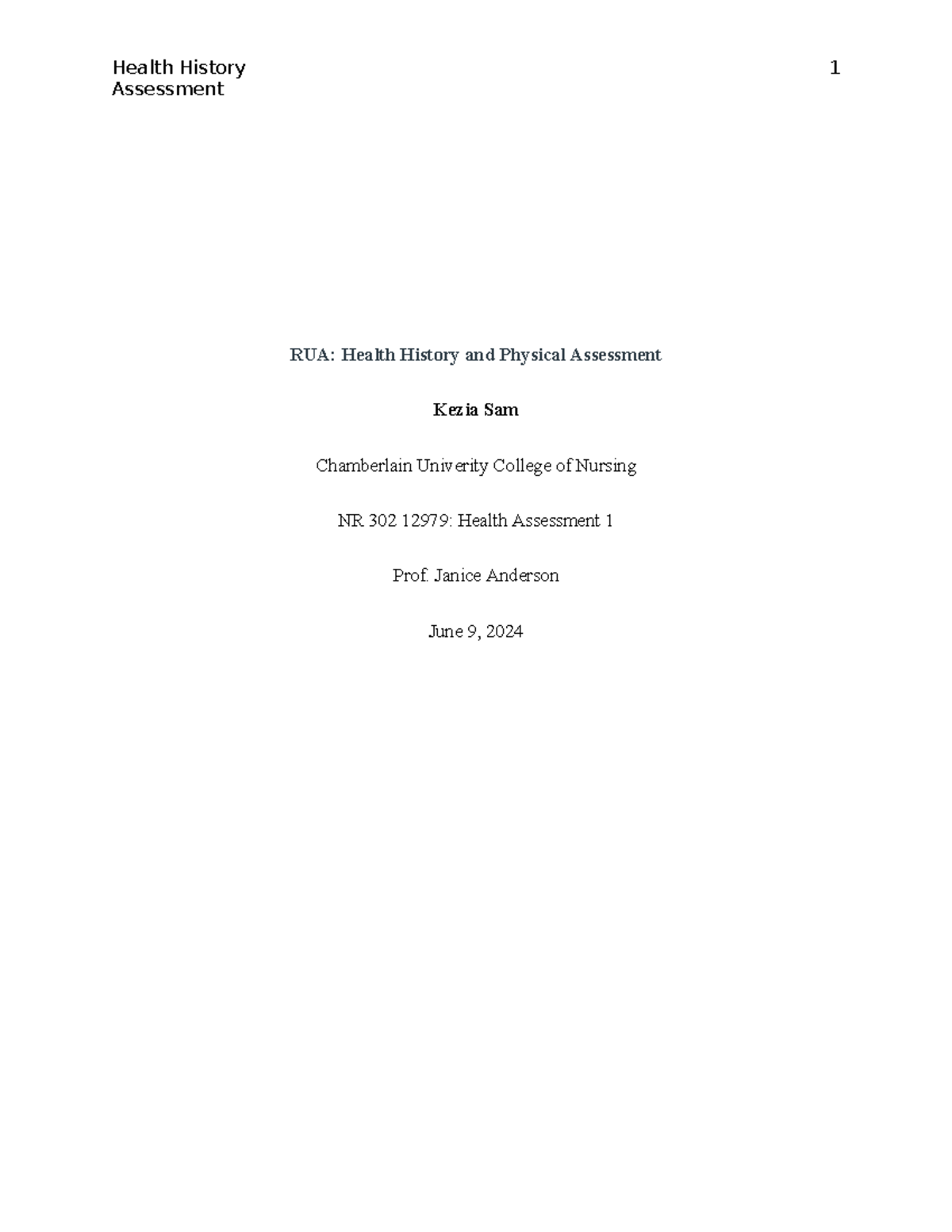 Document (2) - health assessment 1 rua - Assessment RUA: Health History ...