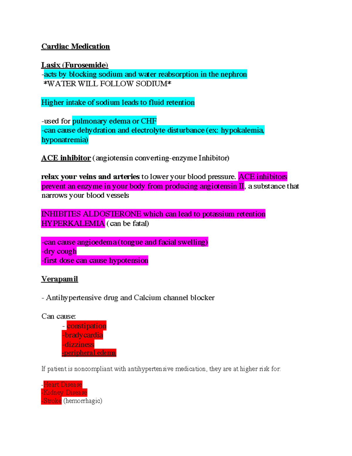 Pharm week 5 - Cardiac Medication Lasix (Furosemide) -acts by blocking ...