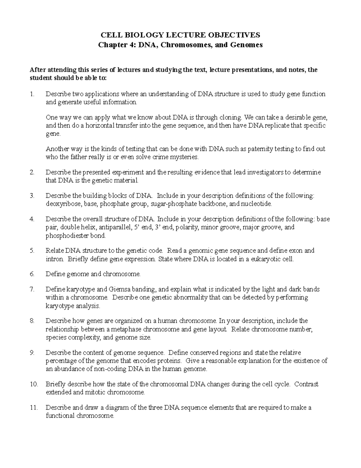 Cell Bio [Chapter 4 Objectives] - CELL BIOLOGY LECTURE OBJECTIVES ...