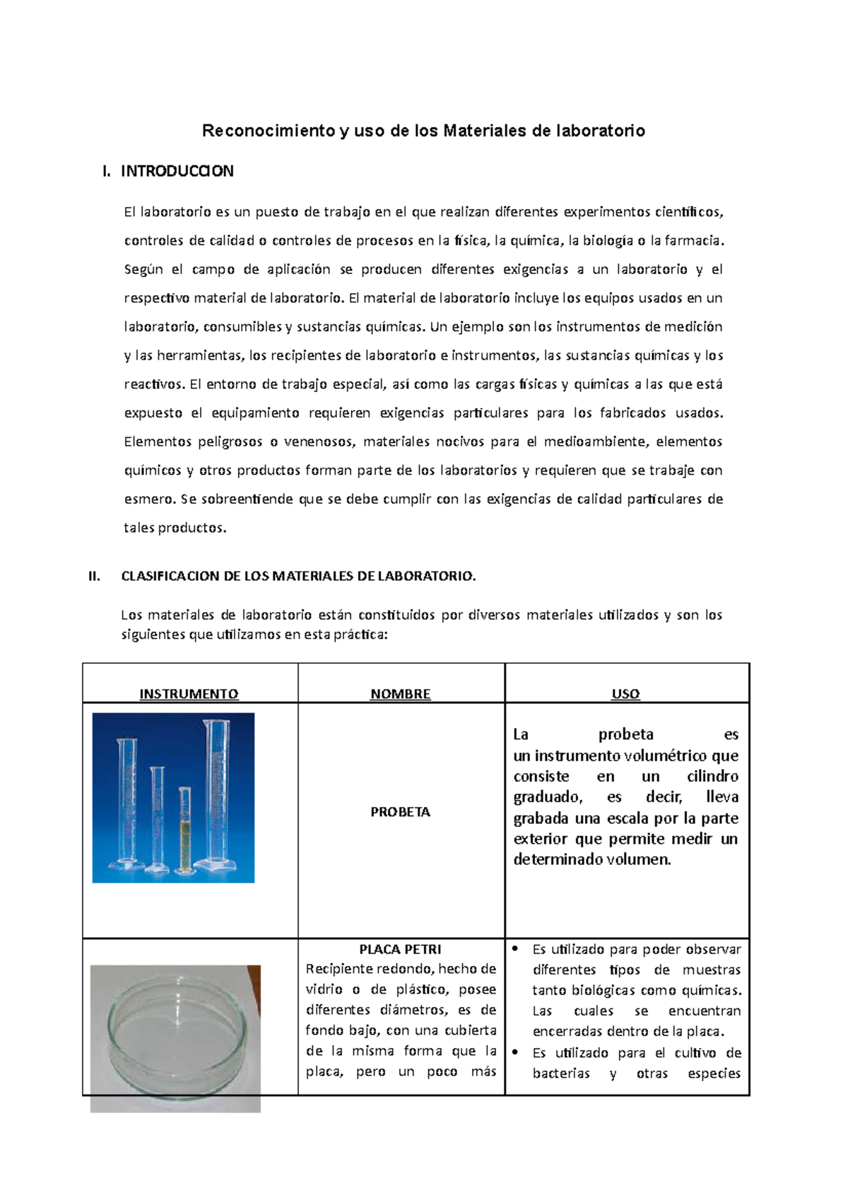 Reconocimiento y uso de los Materiales de laboratorio - INTRODUCCION El ...