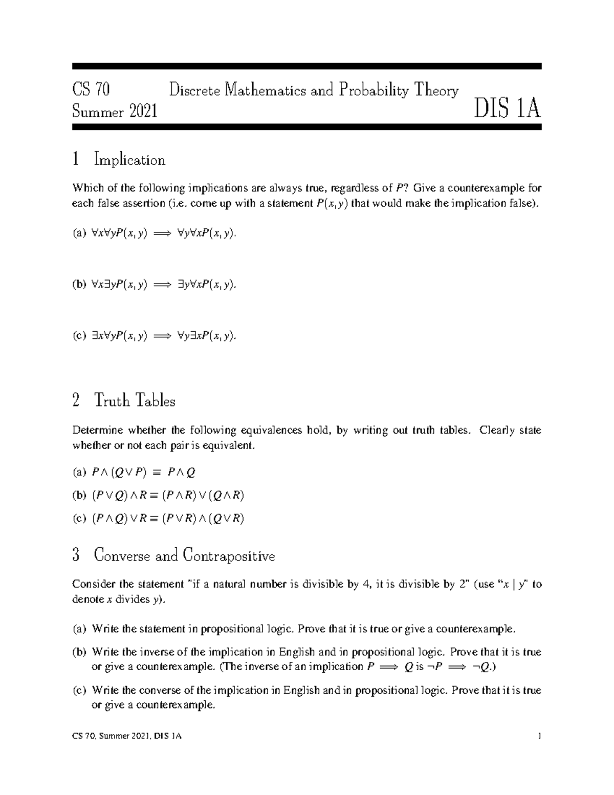 Dis01a - first discussion worksheet - CS 70 Discrete Mathematics and Probability Theory Summer ...