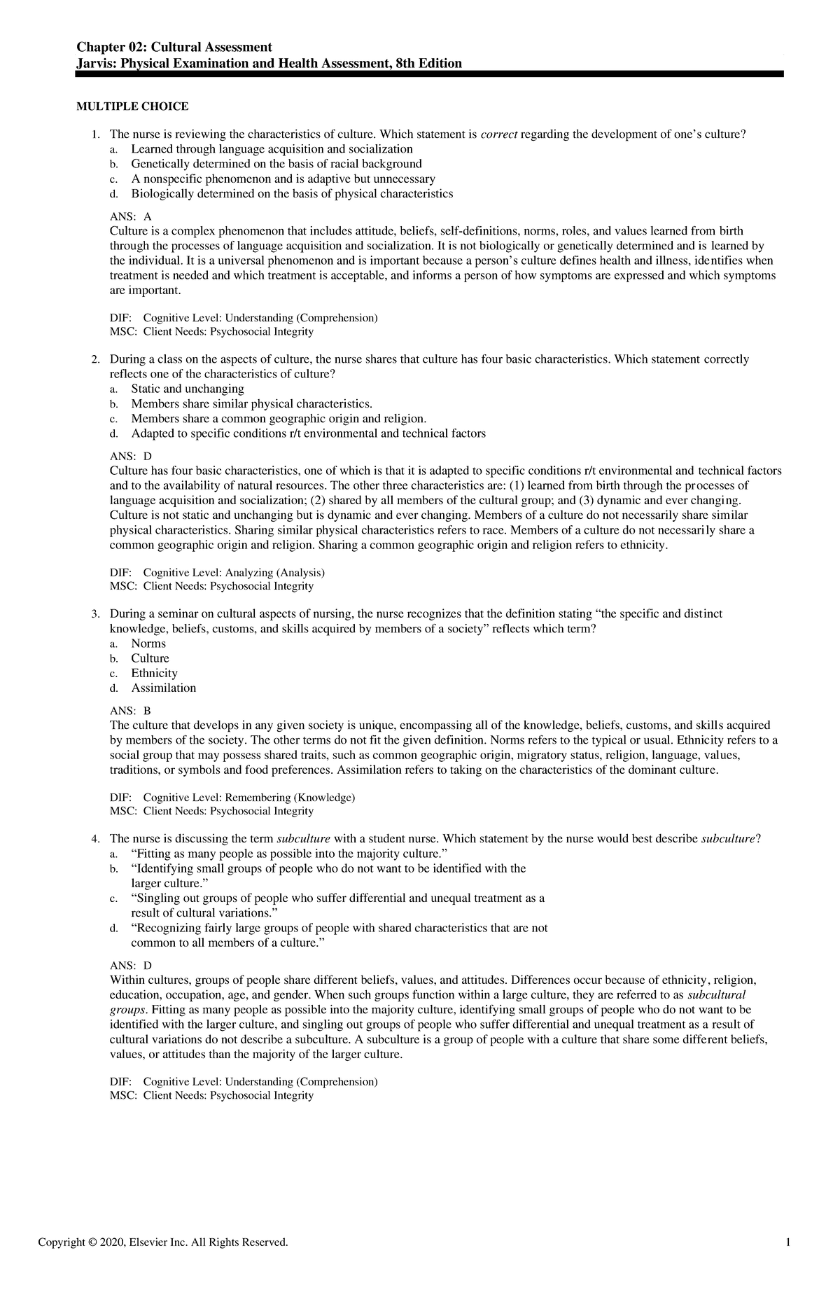 Exam View - Chapter 02 - Chapter 02: Cultural Assessment Jarvis ...