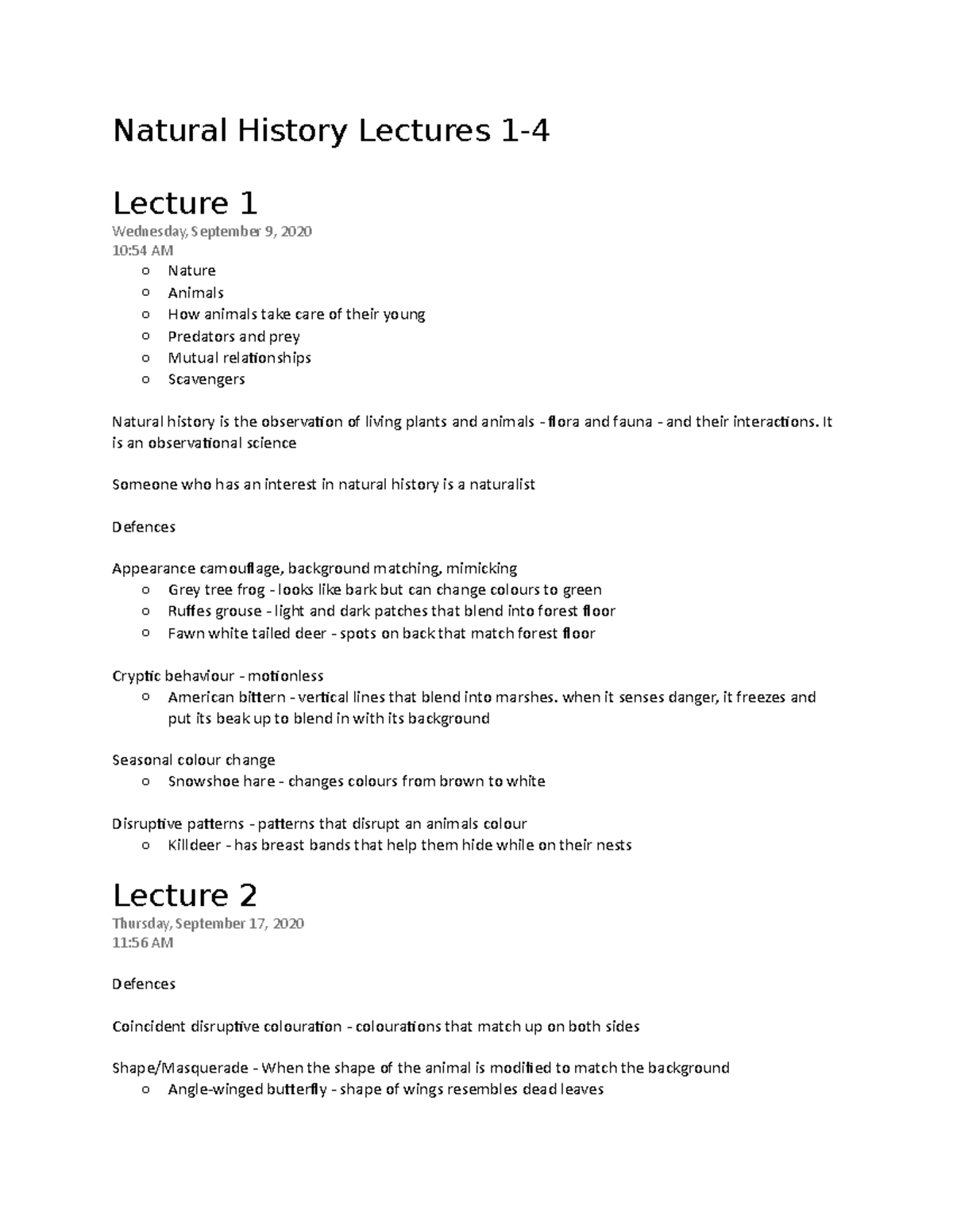 Natural History Lectures 1-4 - Natural History Lectures 1- Lecture 1 ...