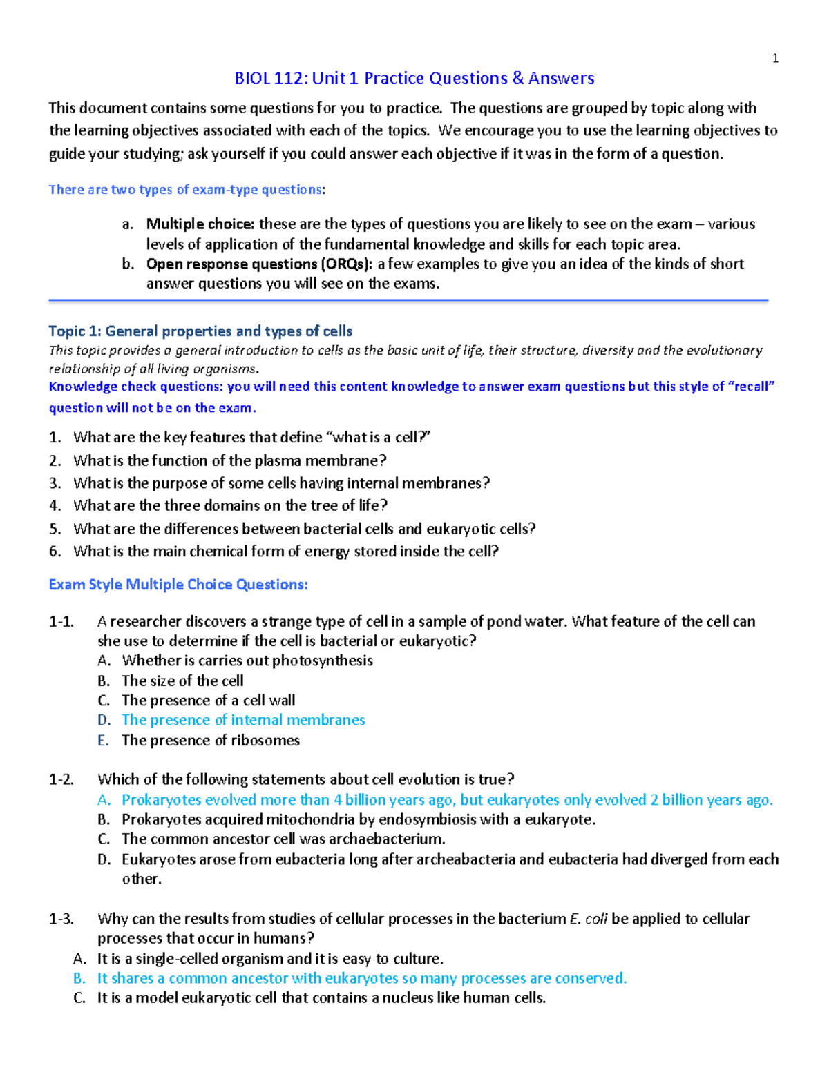 Unit 1 practice questions 2019 W1 Answers - Warning: TT: undefined function: 32 BIOL 112: Unit 1 ...