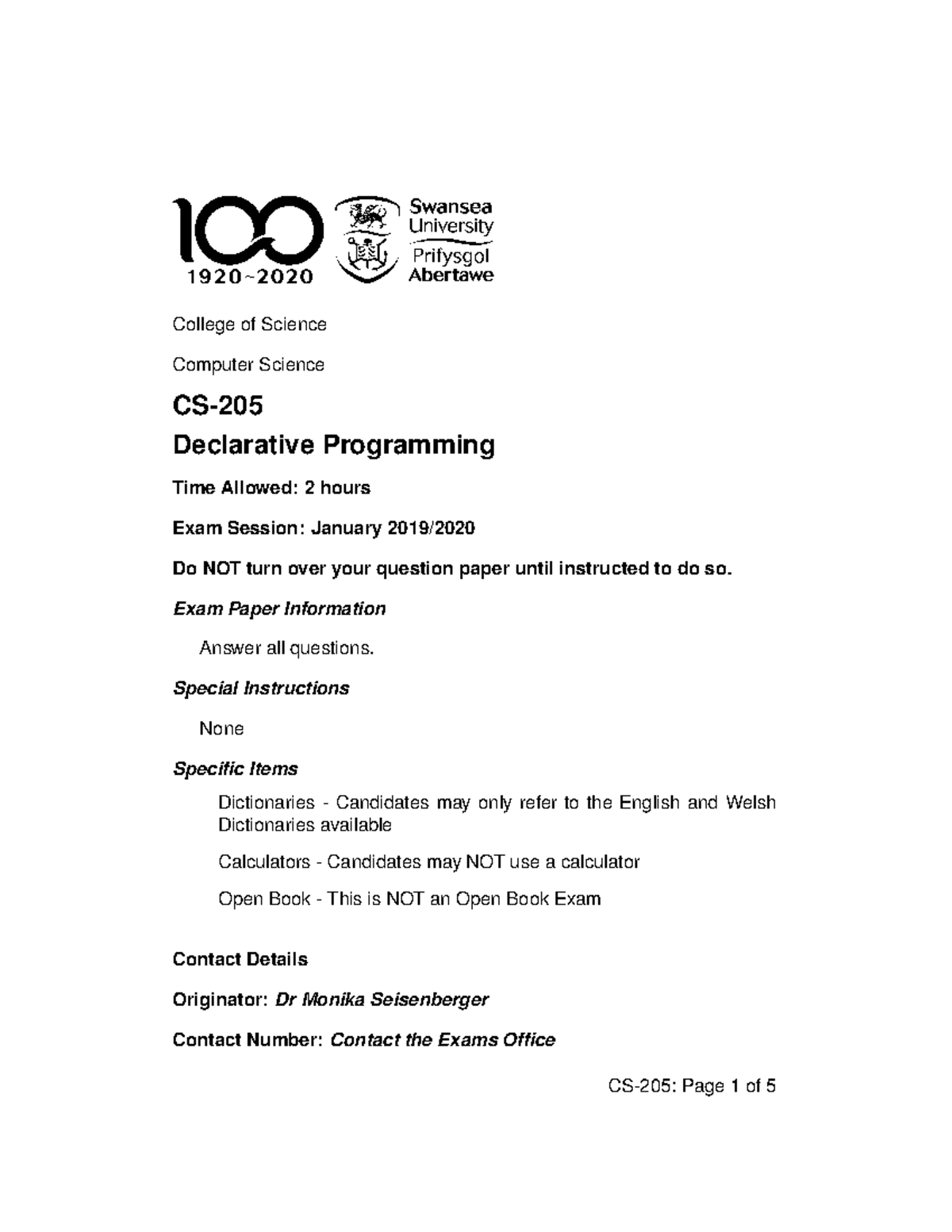CS-205 1920 - College of Science Computer Science CS- Declarative Programming Time Allowed: 2 ...