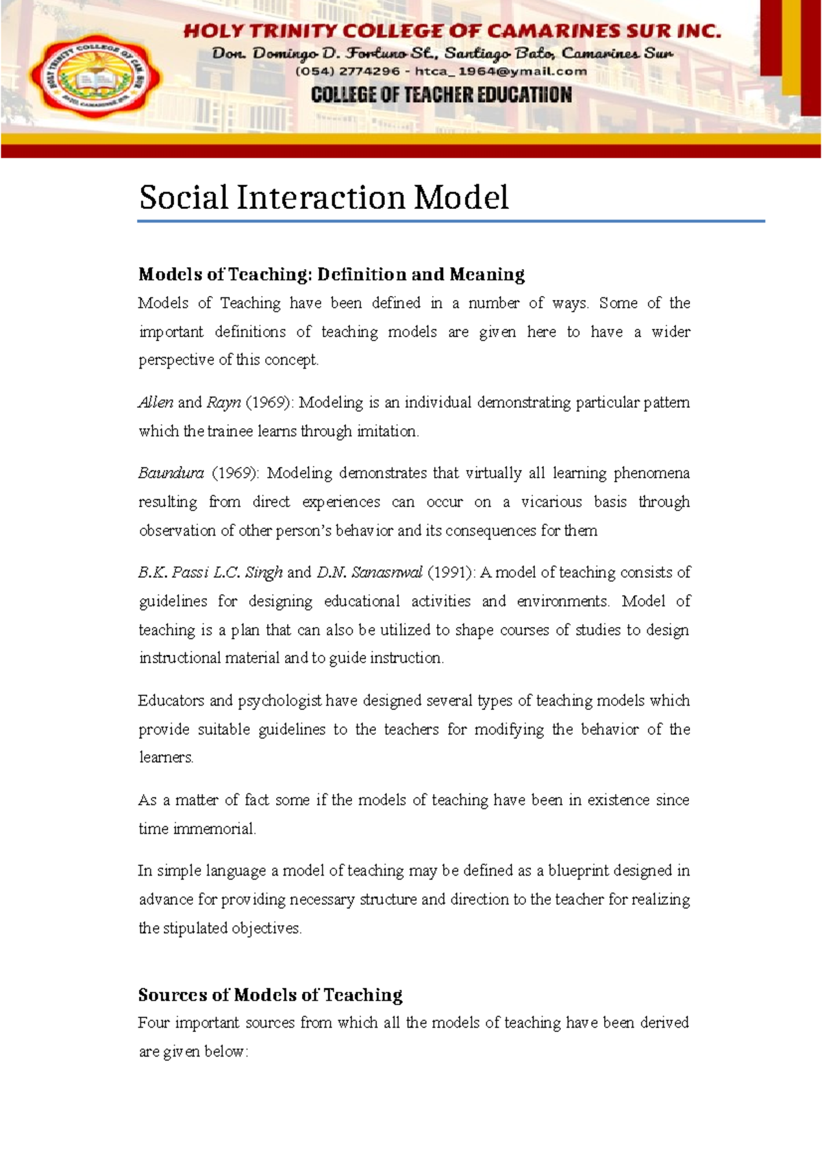 Socialinteractionmodels-handouts - Social Interaction Model Models of Teaching: Definition and ...