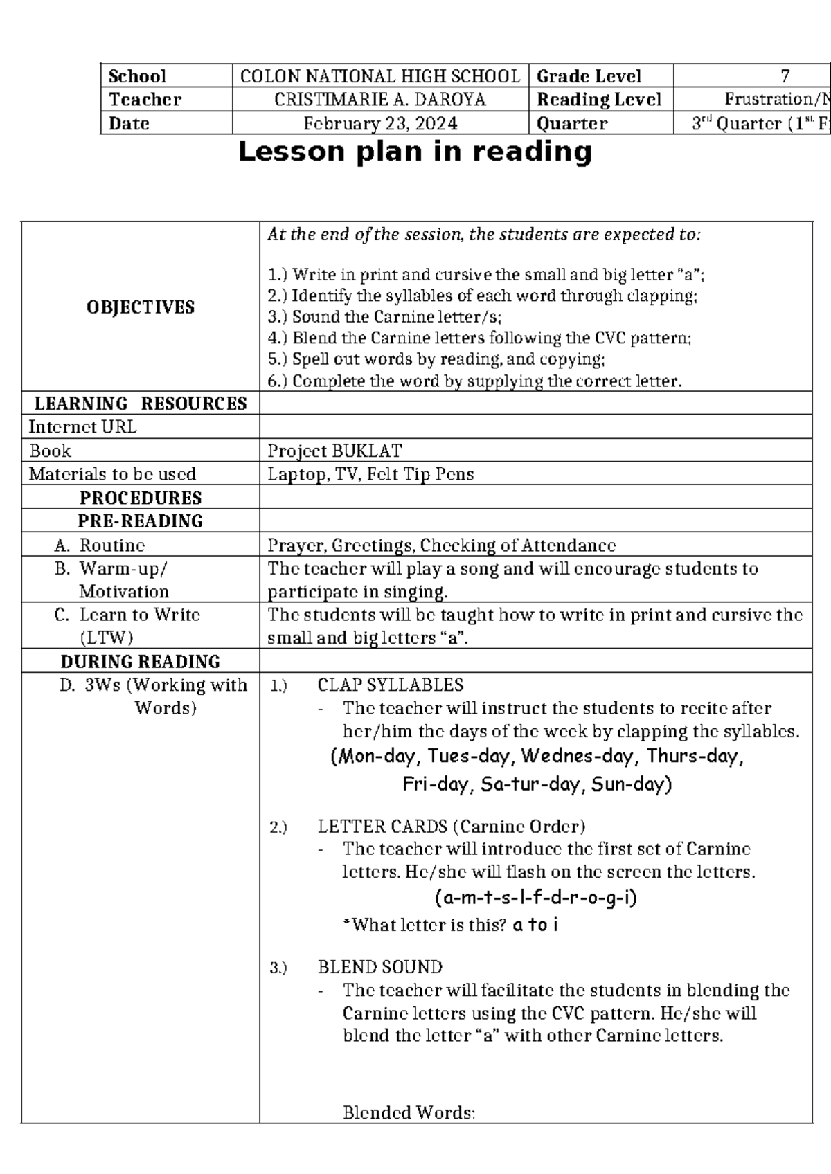 Lesson Plan in Reading - School COLON NATIONAL HIGH SCHOOL Grade Level ...