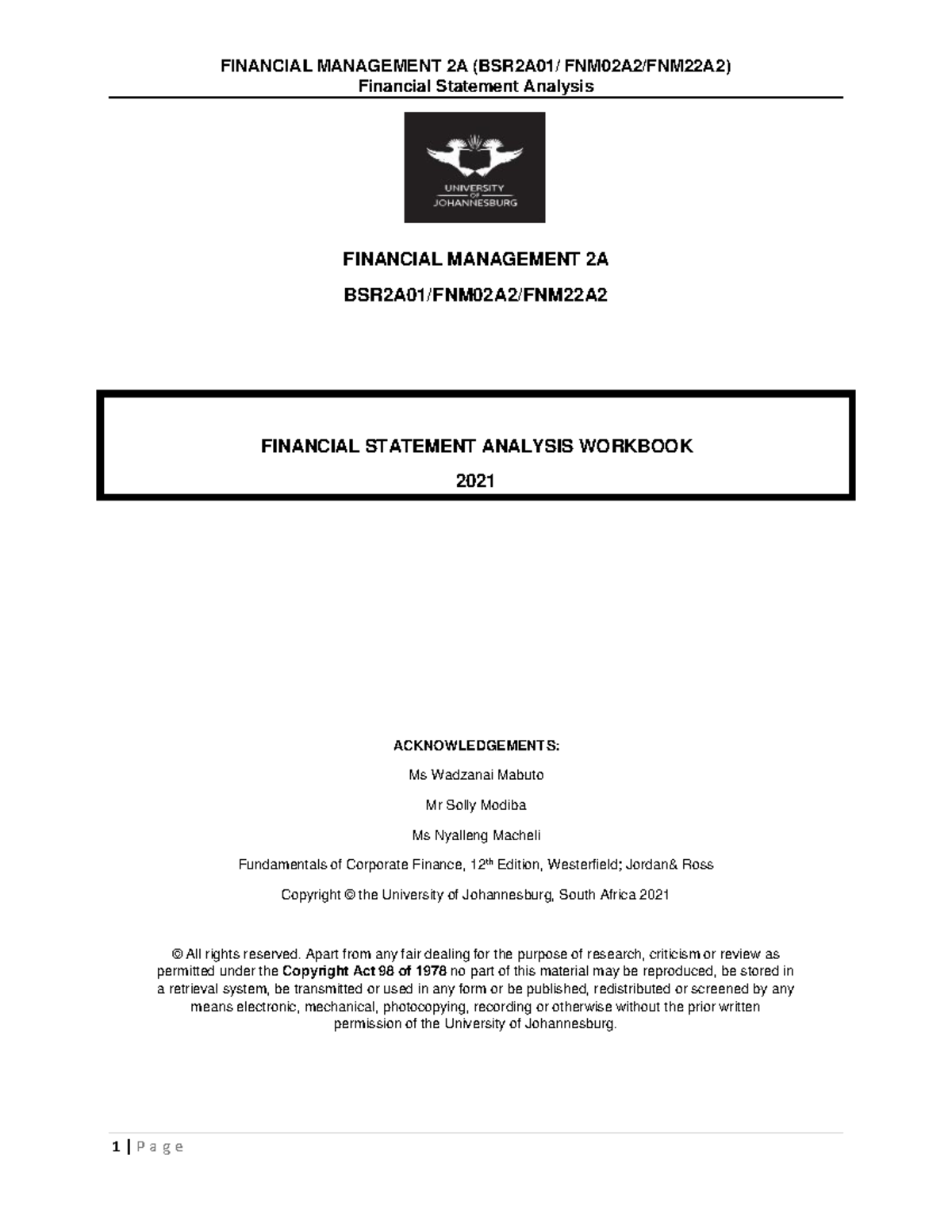 Unit 3. Financial Statement Analysis Workbook - Financial Statement Analysis FINANCIAL ...