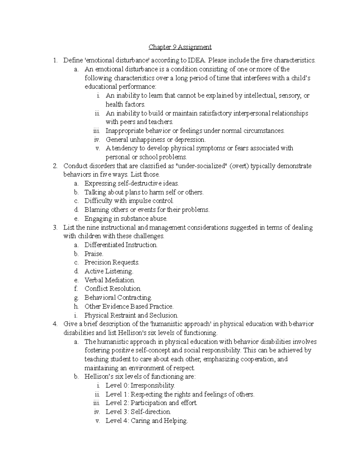 Monique Martinez- Chapter 9 Assignment - Chapter 9 Assignment Define 'emotional disturbance ...