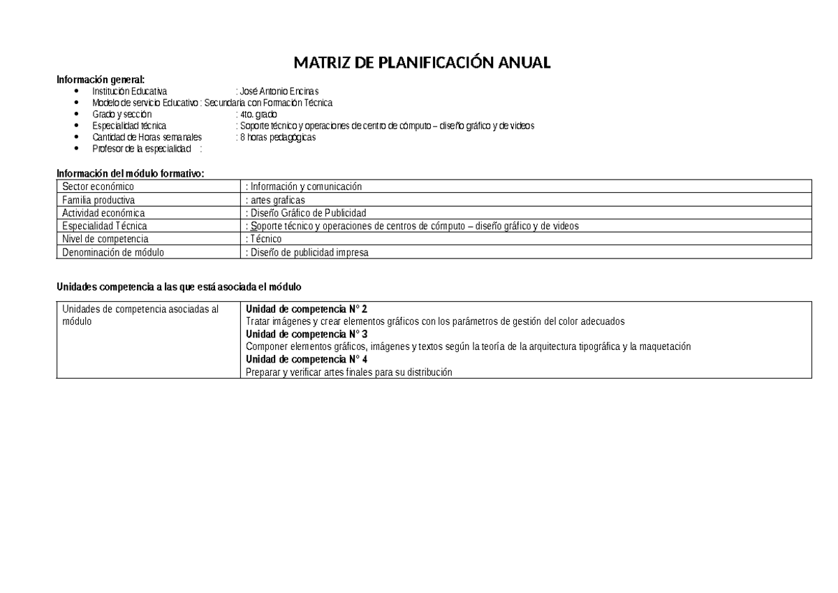 Matriz DE Planificacion Anual Computacion - MATRIZ DE PLANIFICACIÓN ANUAL Información general ...