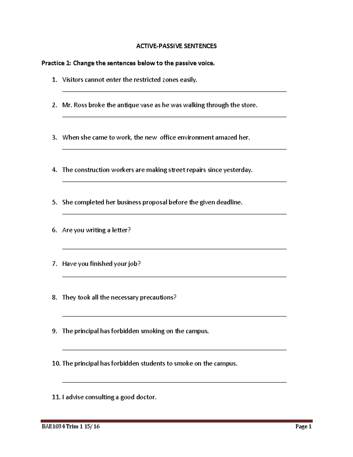 Active Practice - Activw practicw - SENTENCES Practice 1: Change the ...