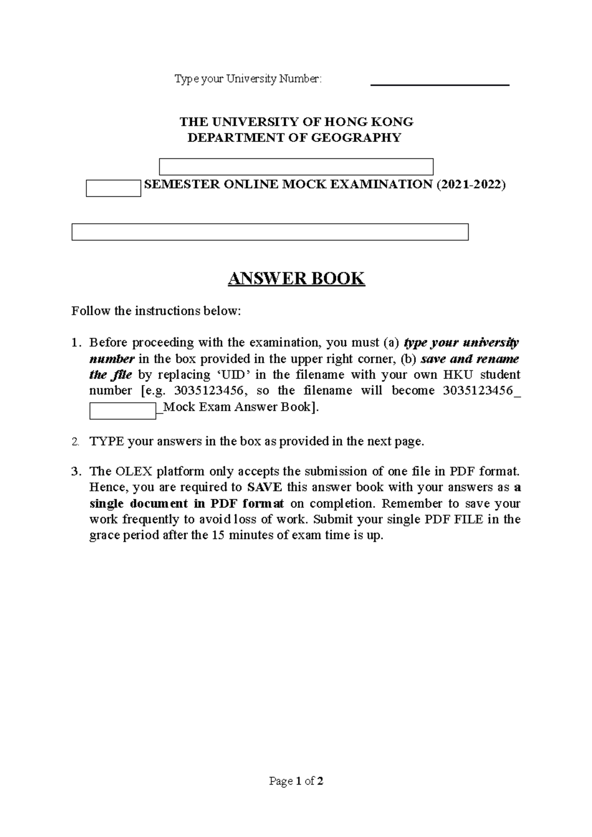 UID GEOG1017 Mock Exam Answer Book - Type your University Number: THE ...