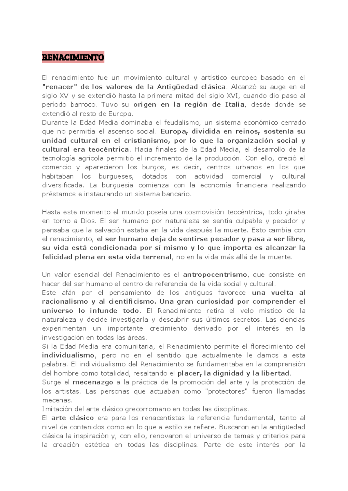 Resumen - RENACIMIENTO El renacimiento fue un movimiento cultural y artístico europeo basado en ...
