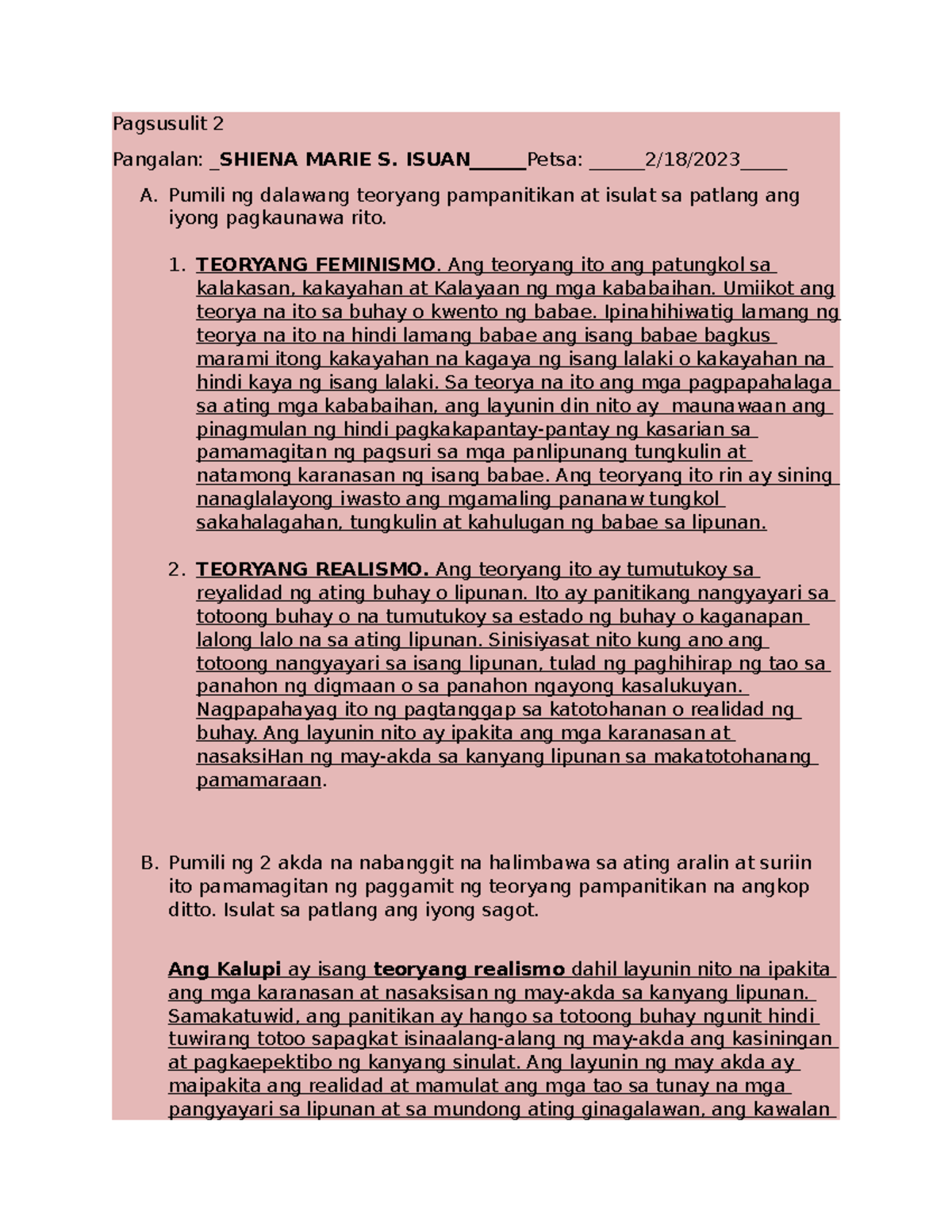 Pagsusulit 2 - TEORYANG PAMPANITIKAN - Pagsusulit 2 Pangalan: _SHIENA ...