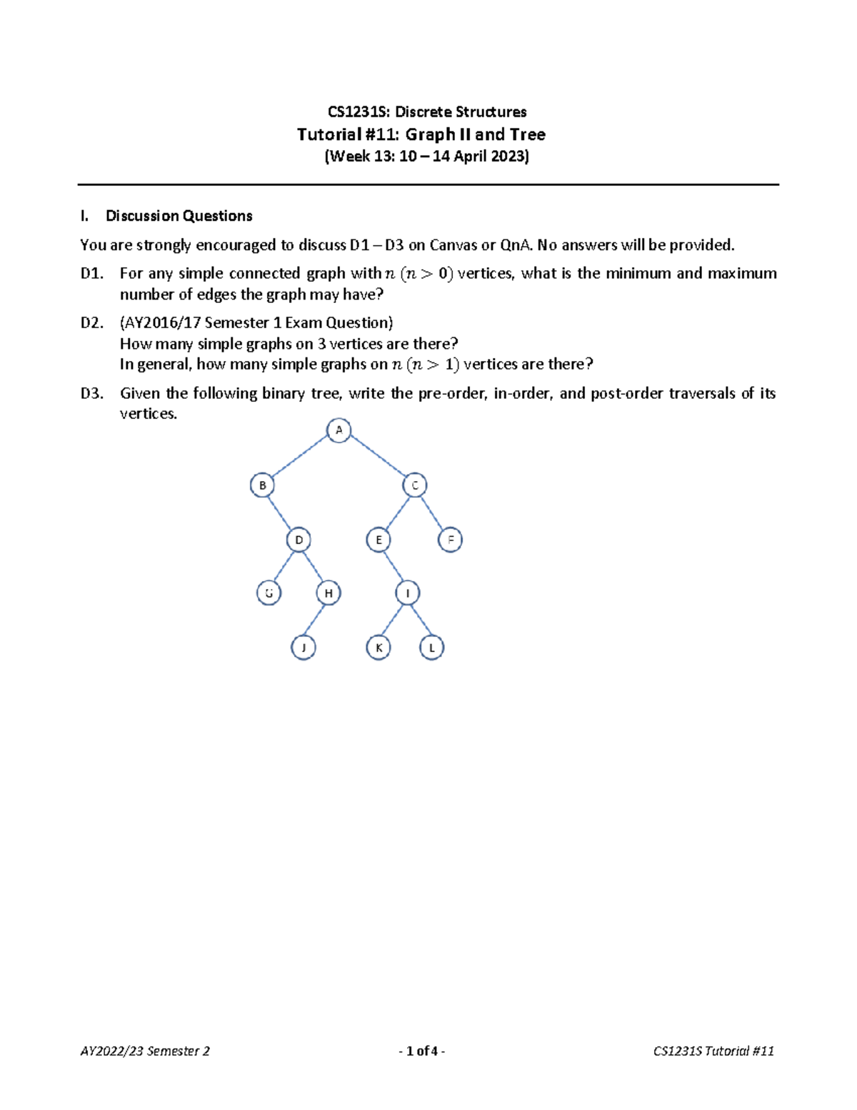 Tut11qns Tut11 Cs1231s Discrete Structures Tutorial 11 Graph Ii And Tree Week 13 10