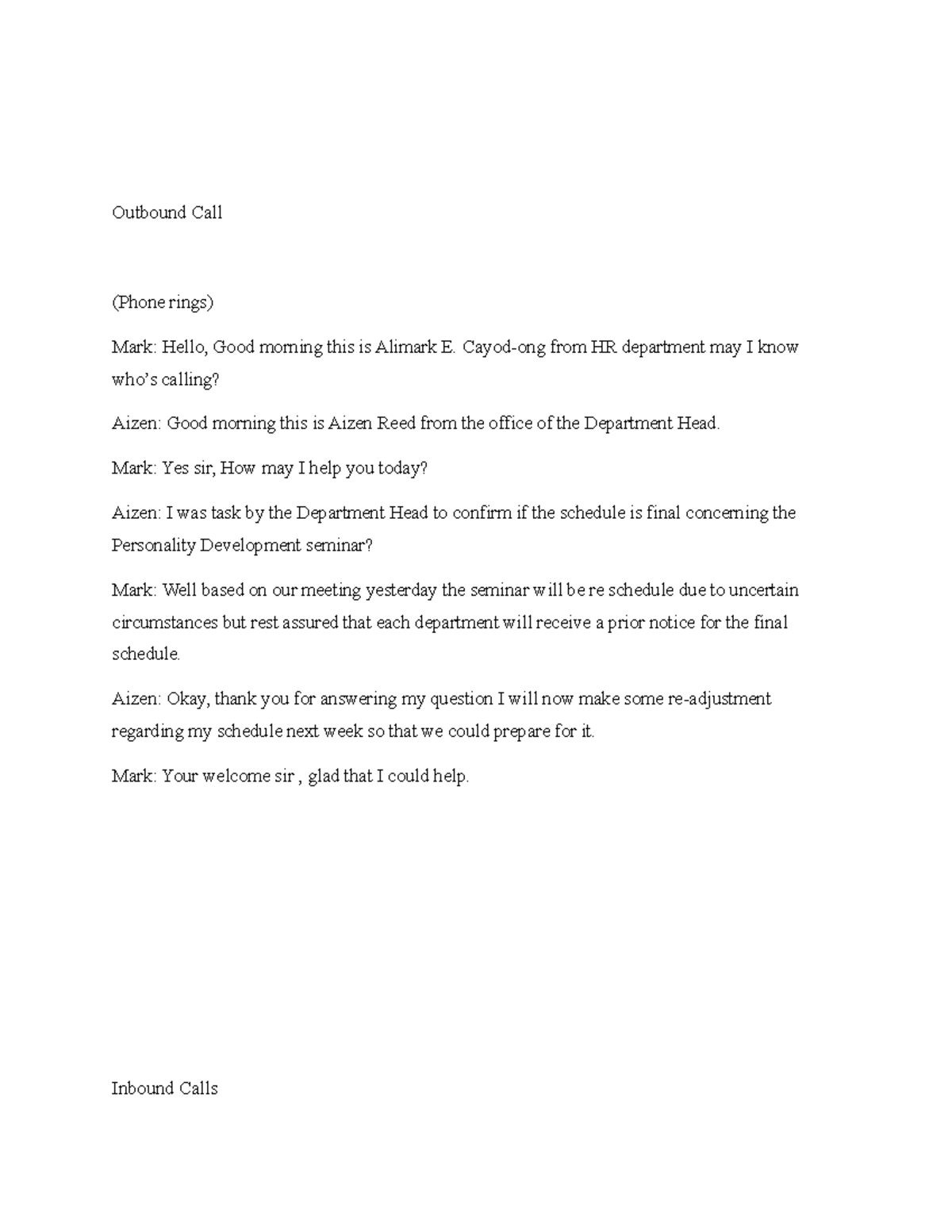 English Proficiency Script, Inbound and Outbound call - Outbound Call ...