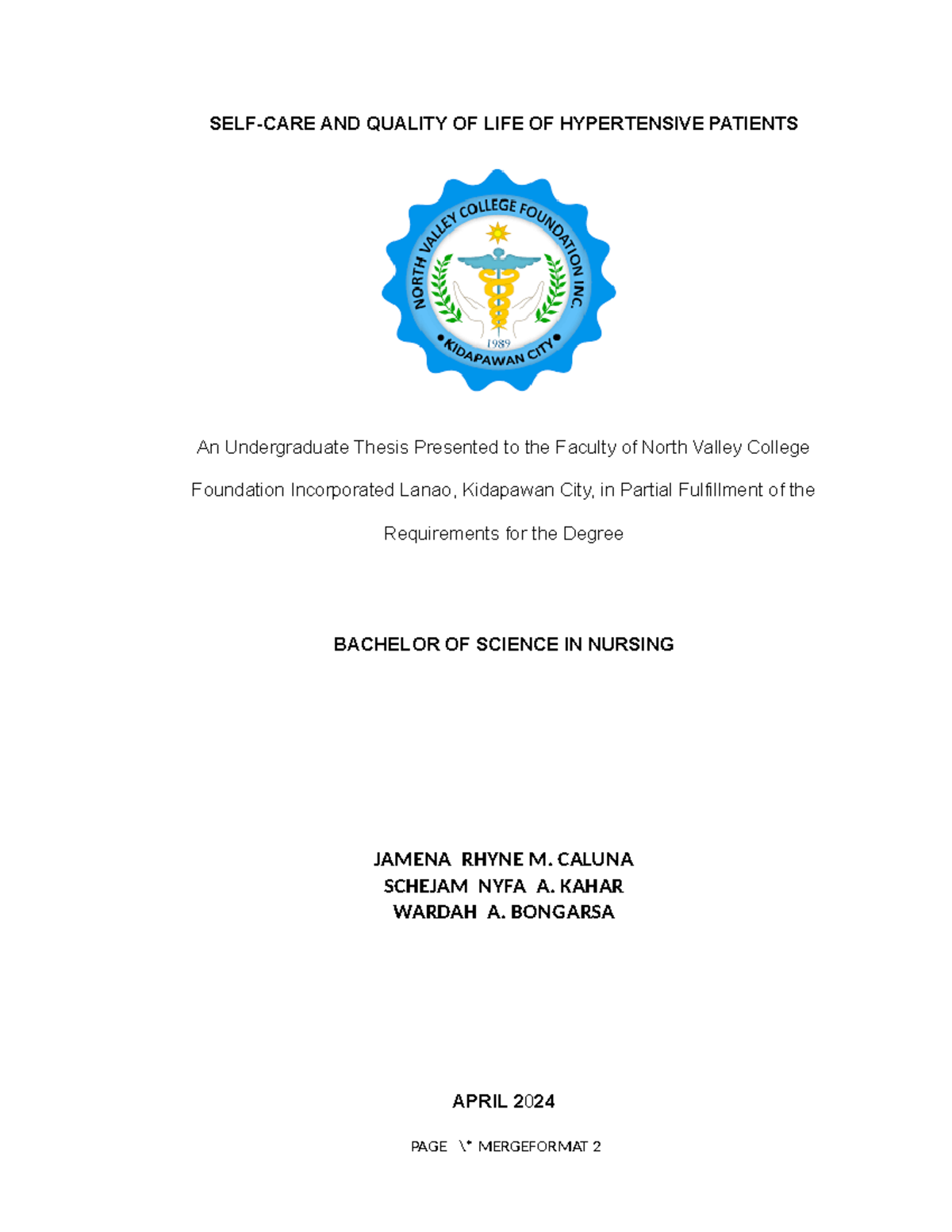 Thesis about Nursing - SELF-CARE AND QUALITY OF LIFE OF HYPERTENSIVE ...