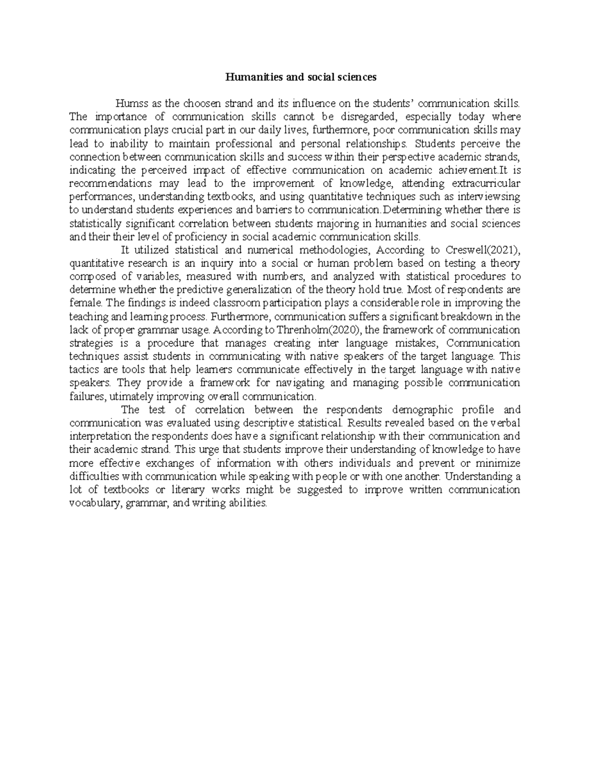 Document - Essay - Humanities and social sciences Humss as the choosen ...