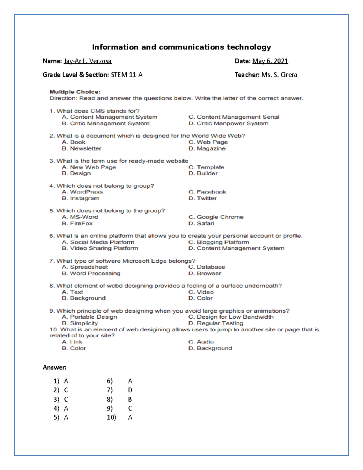 Activity 10 (ICT) - ANSWER - Information and communications technology ...