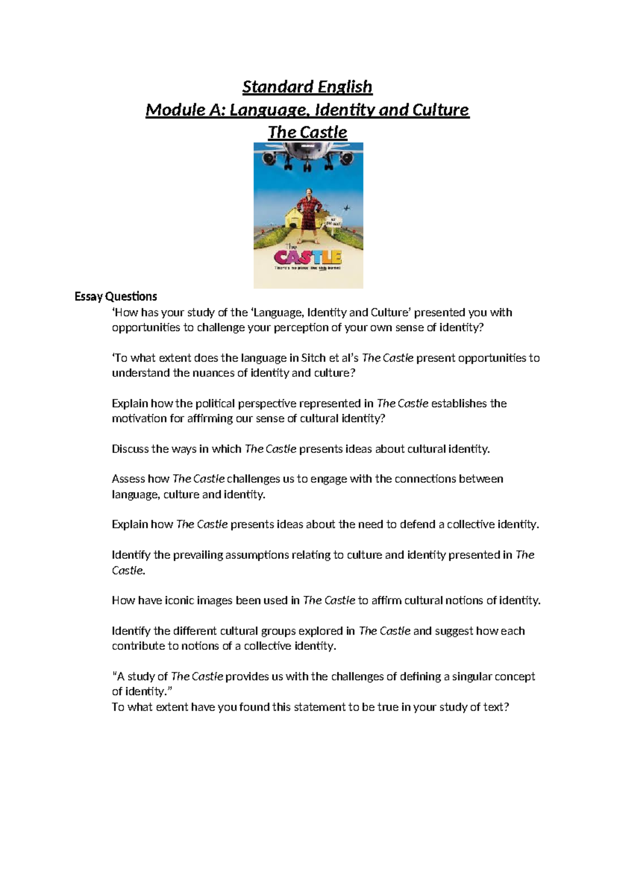 Castle essay questionsdocx - Standard English Module A: Language ...