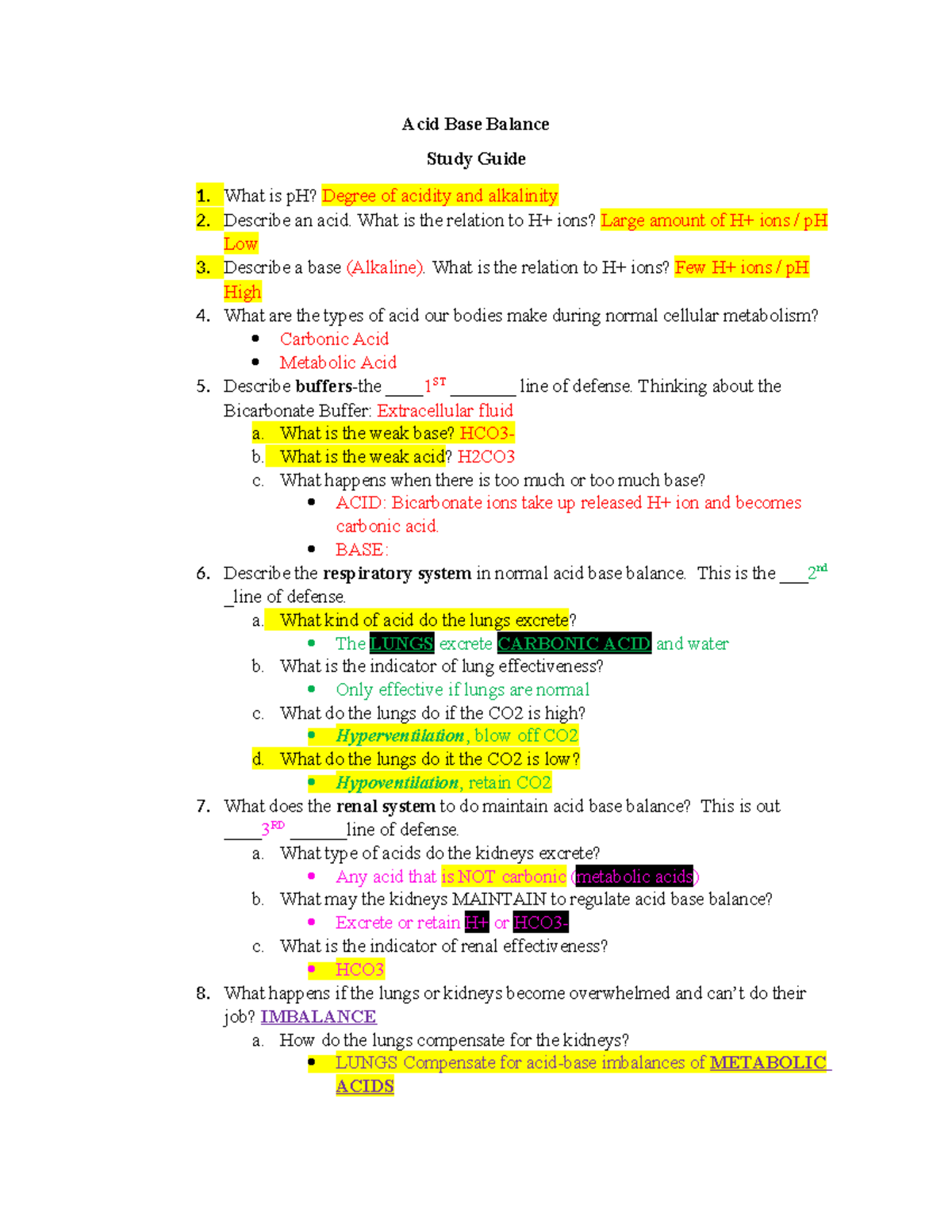 Acid-Base Balance Study Guide - Acid Base Balance Study Guide What is ...