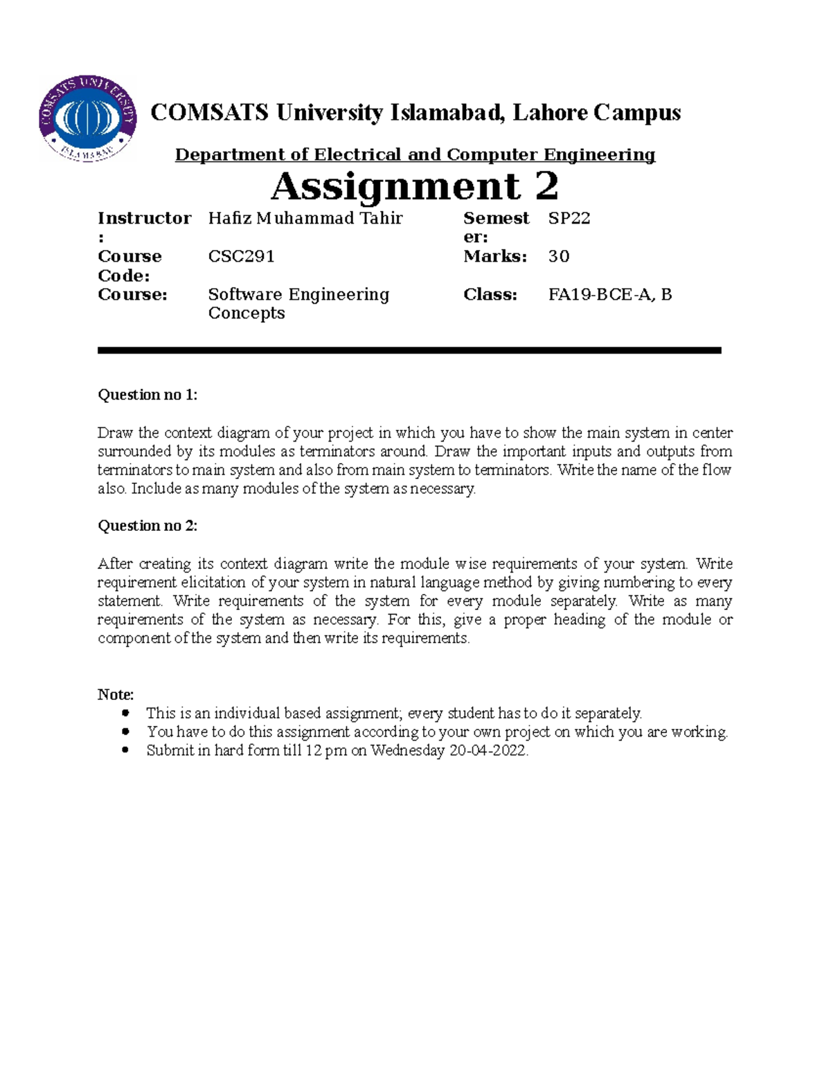 Assignment 2 - Hiiiiii - COMSATS University Islamabad, Lahore Campus ...