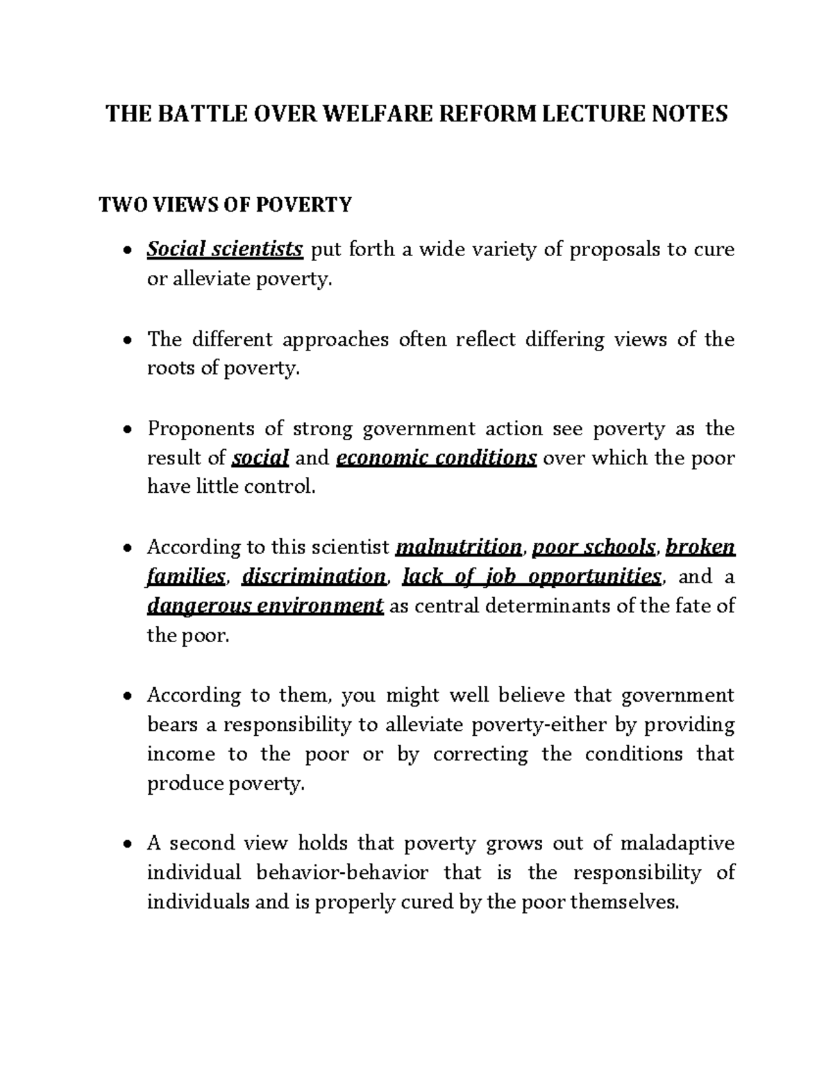 The Battle Over Welfare Reform Lecture Notes - THE BATTLE OVER WELFARE ...