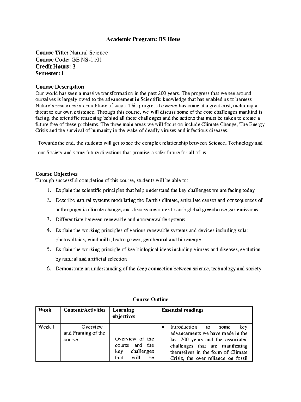 Natural Science - Academic Program: BS Hons Course Title: Natural ...