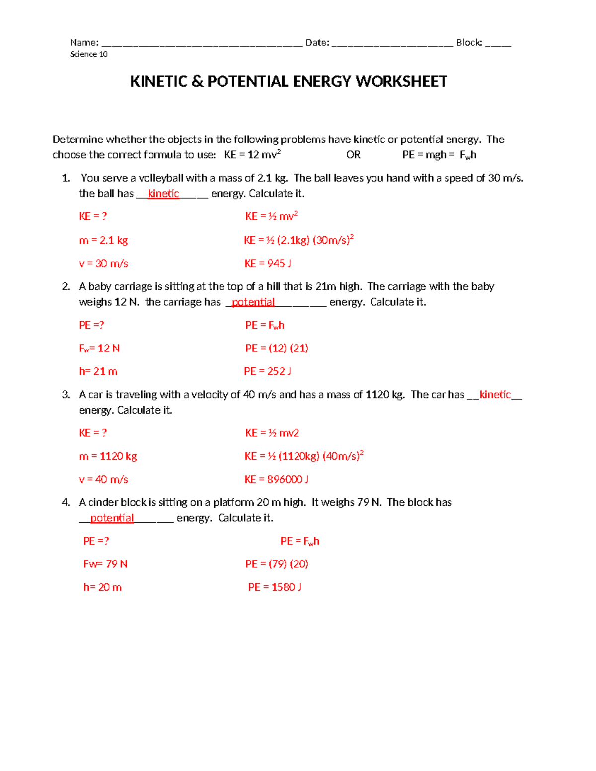 Worksheet kinetic and potential energy key - Science 10 KINETIC ...