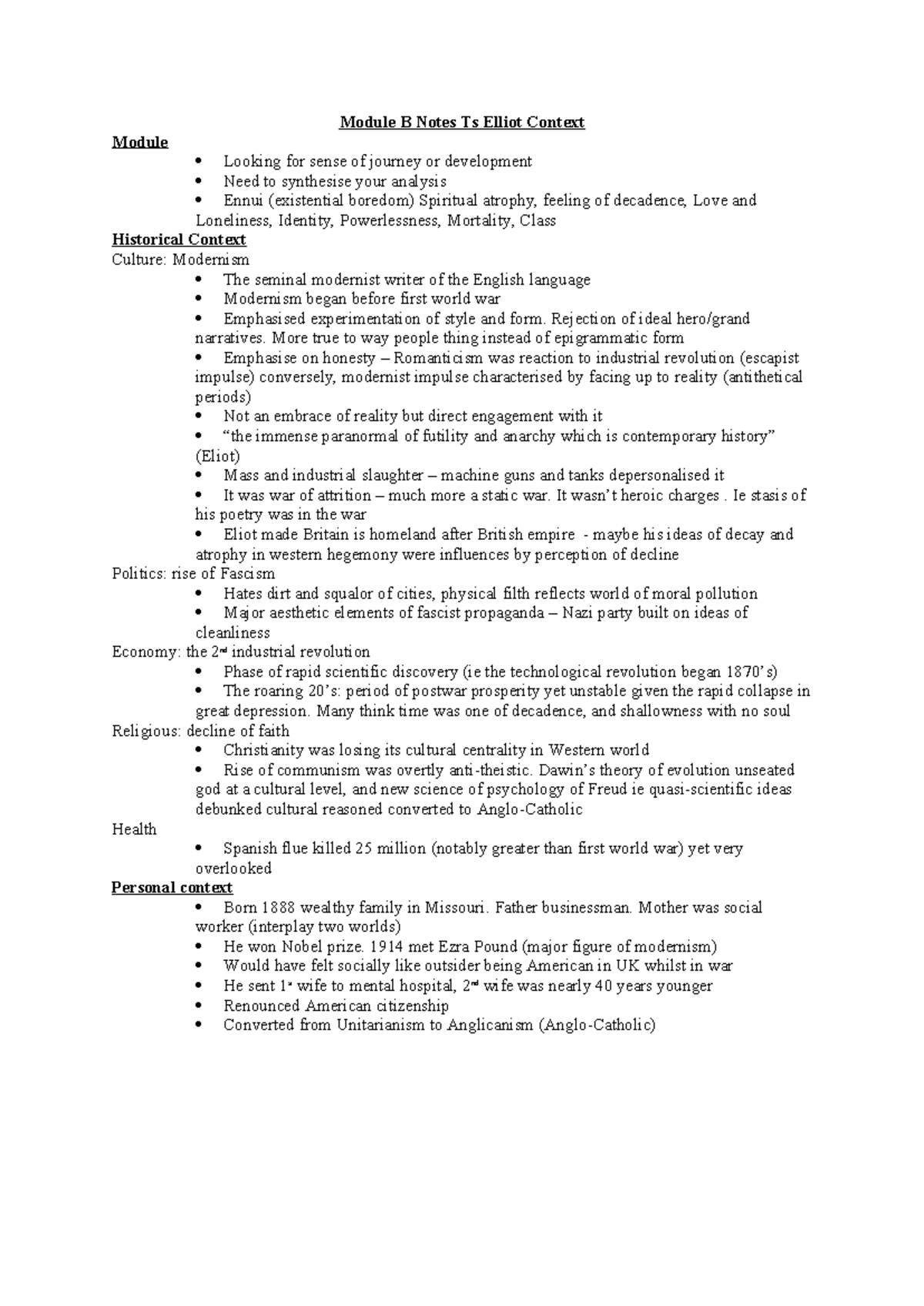 TS Elliot Context Notes - Module B Notes Ts Elliot Context Module ...