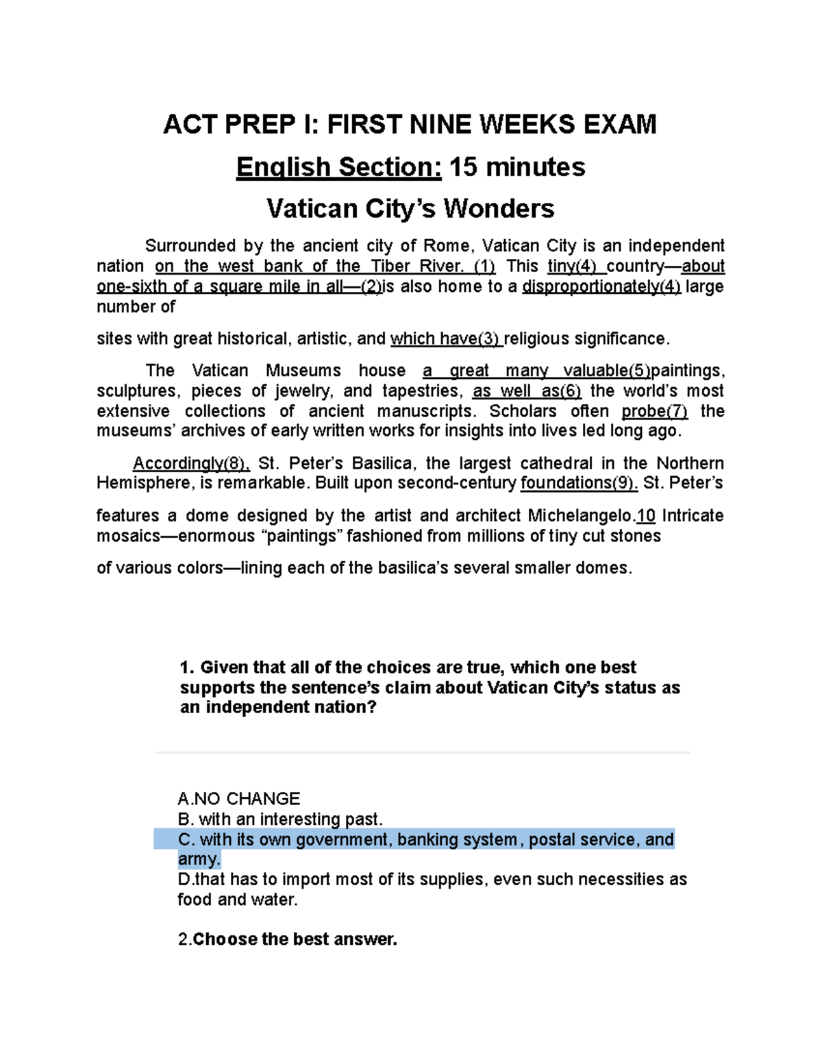 Kyndrea Meeks - Copy of ACT PREP I First NINE Weeks EXAM - ACT PREP I ...