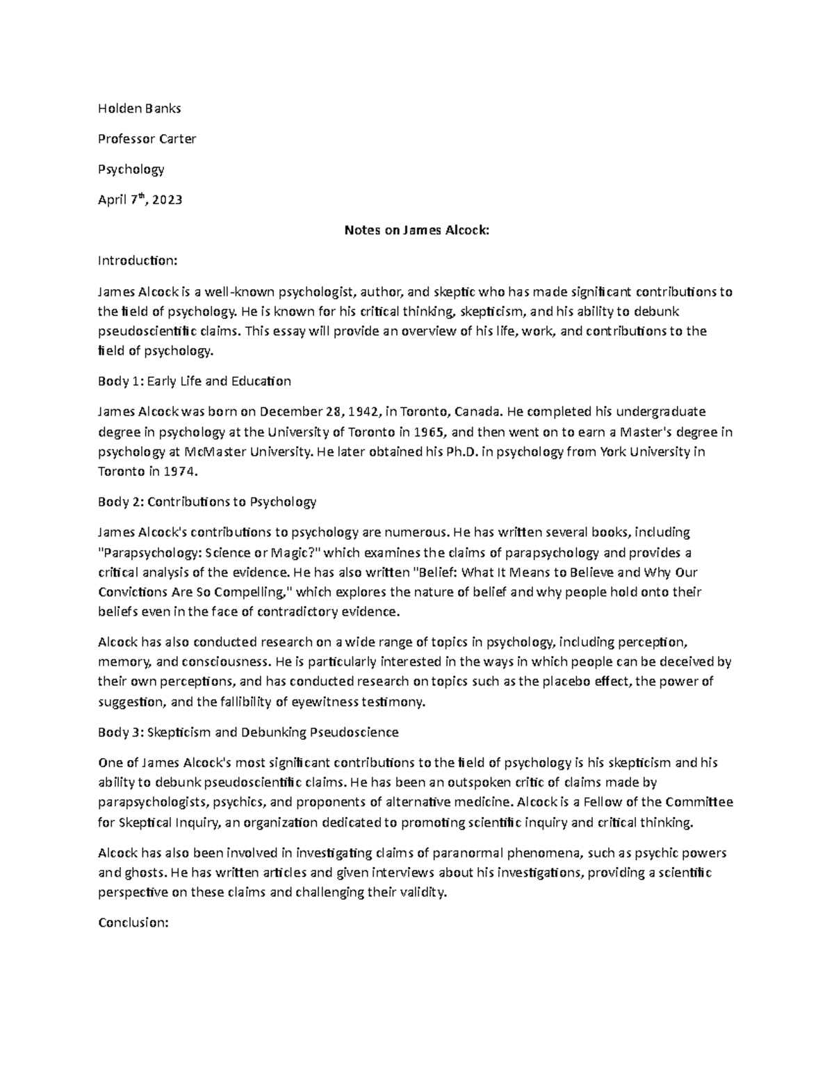 Notes on James Alcock - Holden Banks Professor Carter Psychology April ...