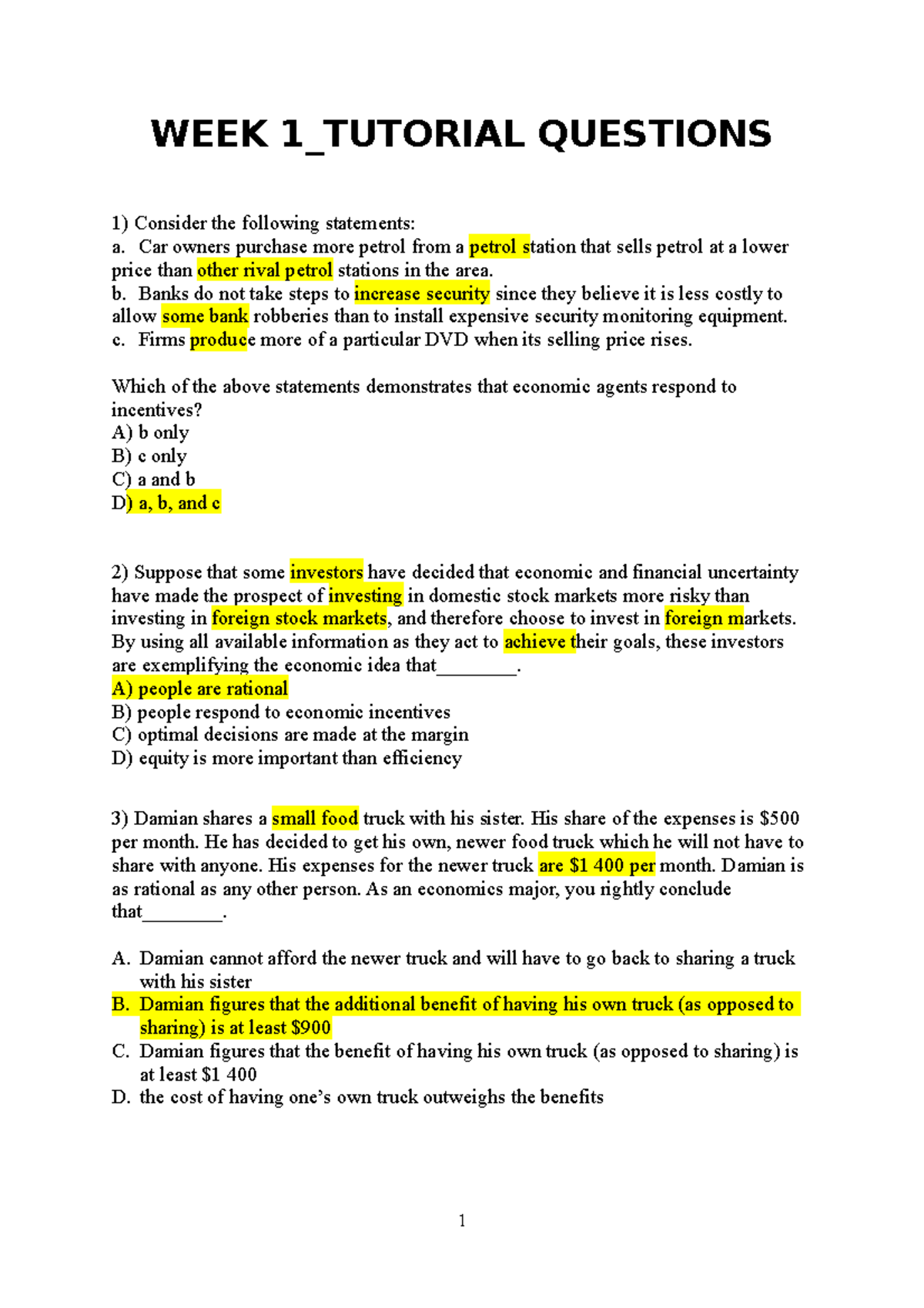 ECO10005 Week 1Tutorial Questions - WEEK 1_TUTORIAL QUESTIONS Consider the following statements ...