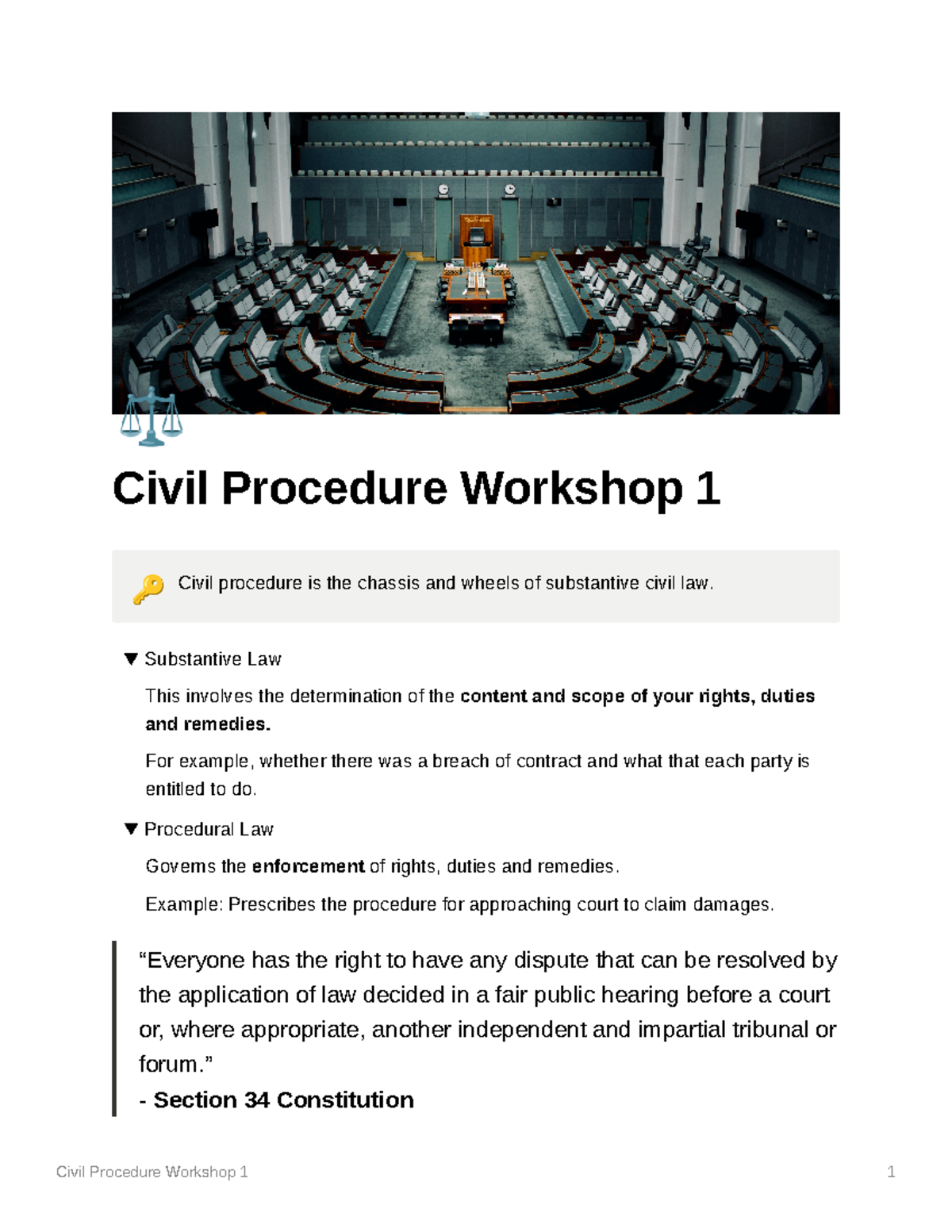 Civil Procedure Workshop 1 Notes - ⚖ Civil Procedure Workshop 1 🔑 Civil ...