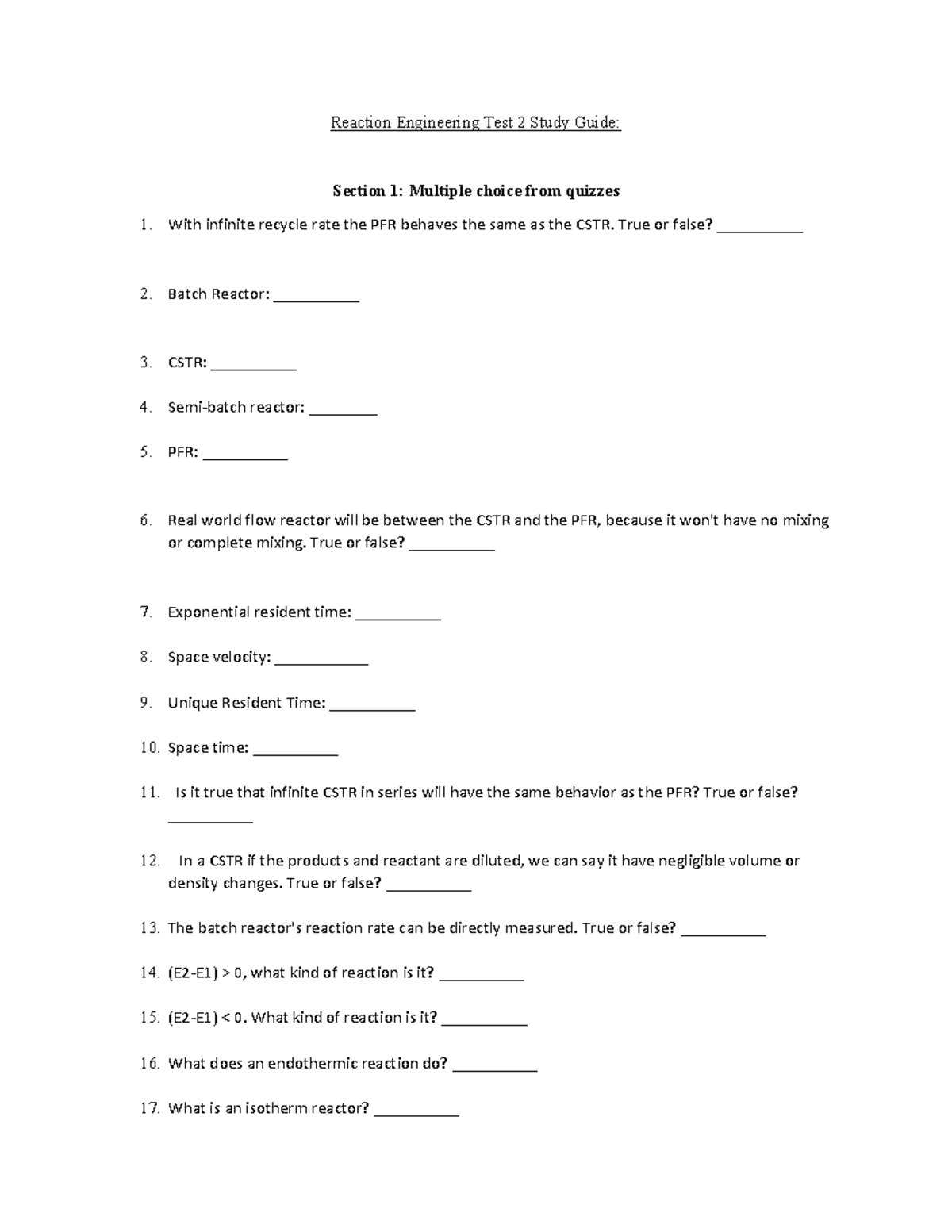 Reaction Engineering Practice Exam 2 - Reaction Engineering Test 2 ...