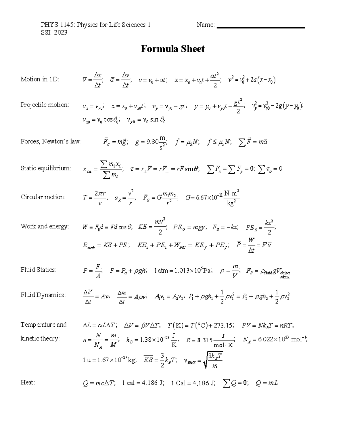 Formula sheet for final exam 1 in the class of Indiv. Support. This sheet will help. - PHYS 1145 ...