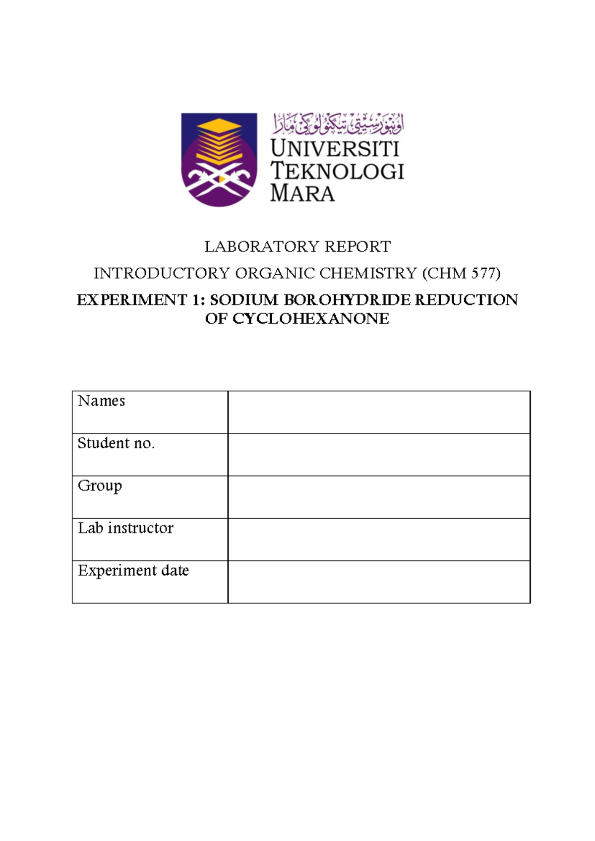 Experiment 2 Sodium Borohydride Reduction of Cyclohexanone - LABORATORY ...