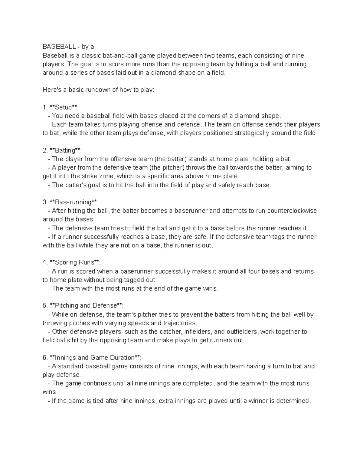 Baseball - Summary physical education - BASEBALL - by ai Baseball is a ...