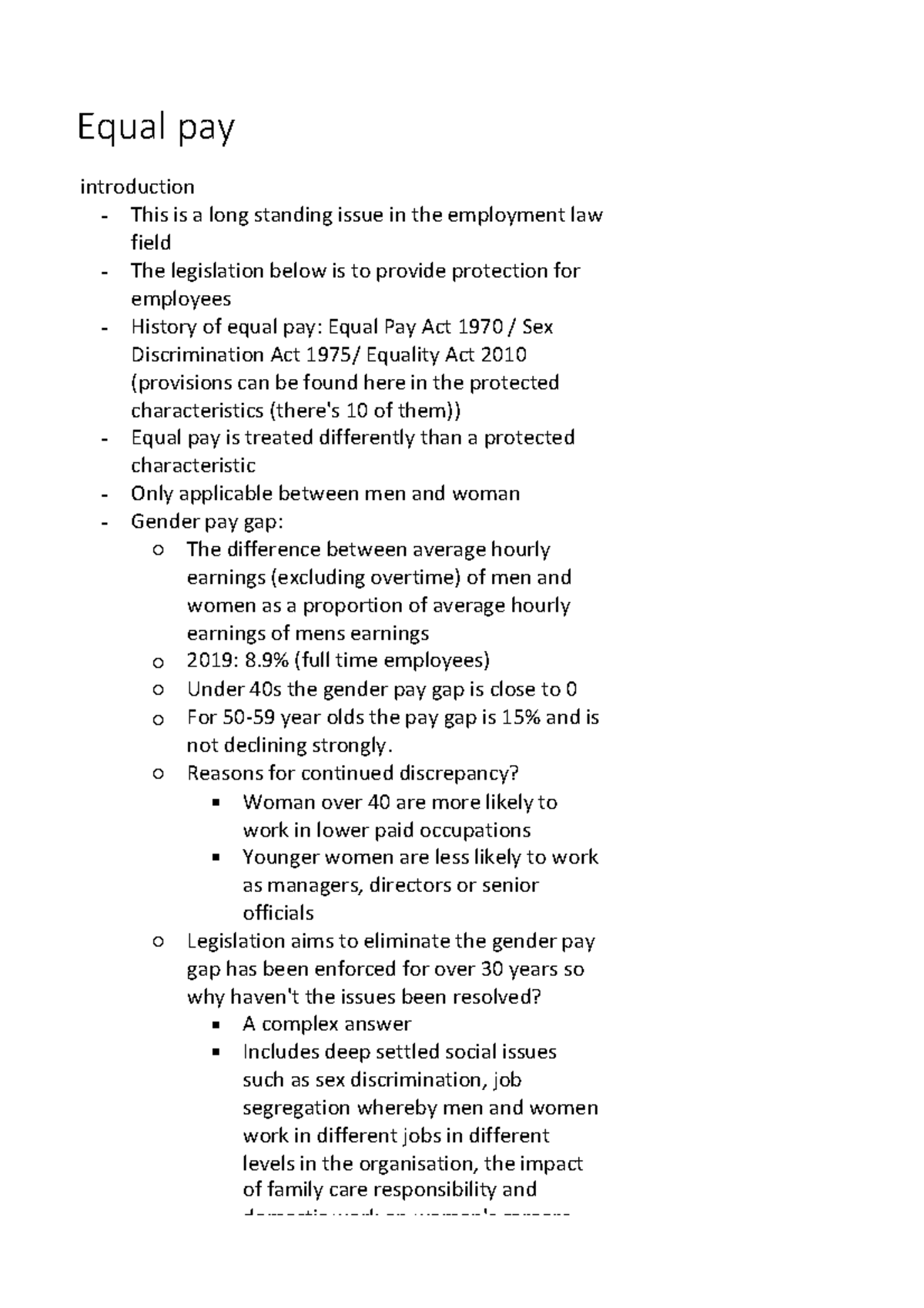 Equal pay - notes - introduction This is a long standing issue in the ...