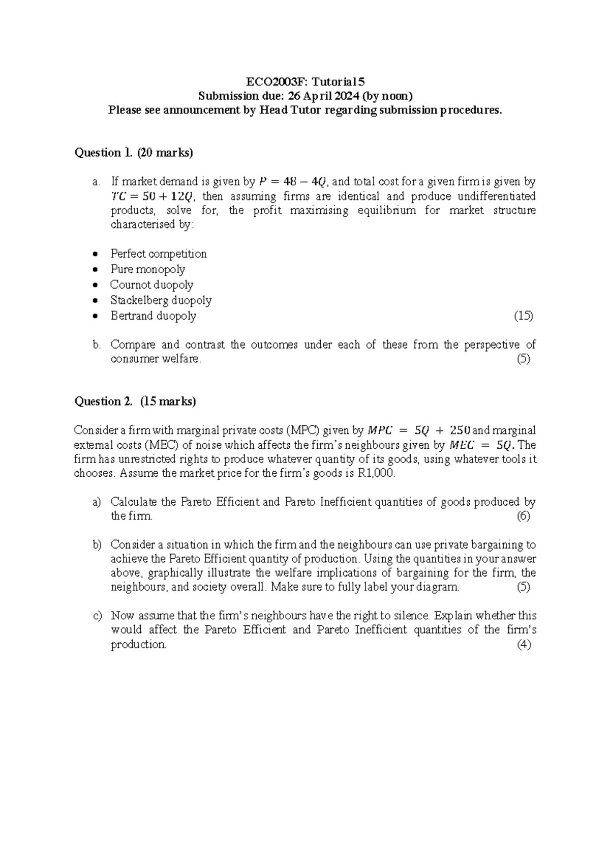 TUT 5 Questions - ECO2003F: Tutorial 5 Submission due: 26 April 2024 ...