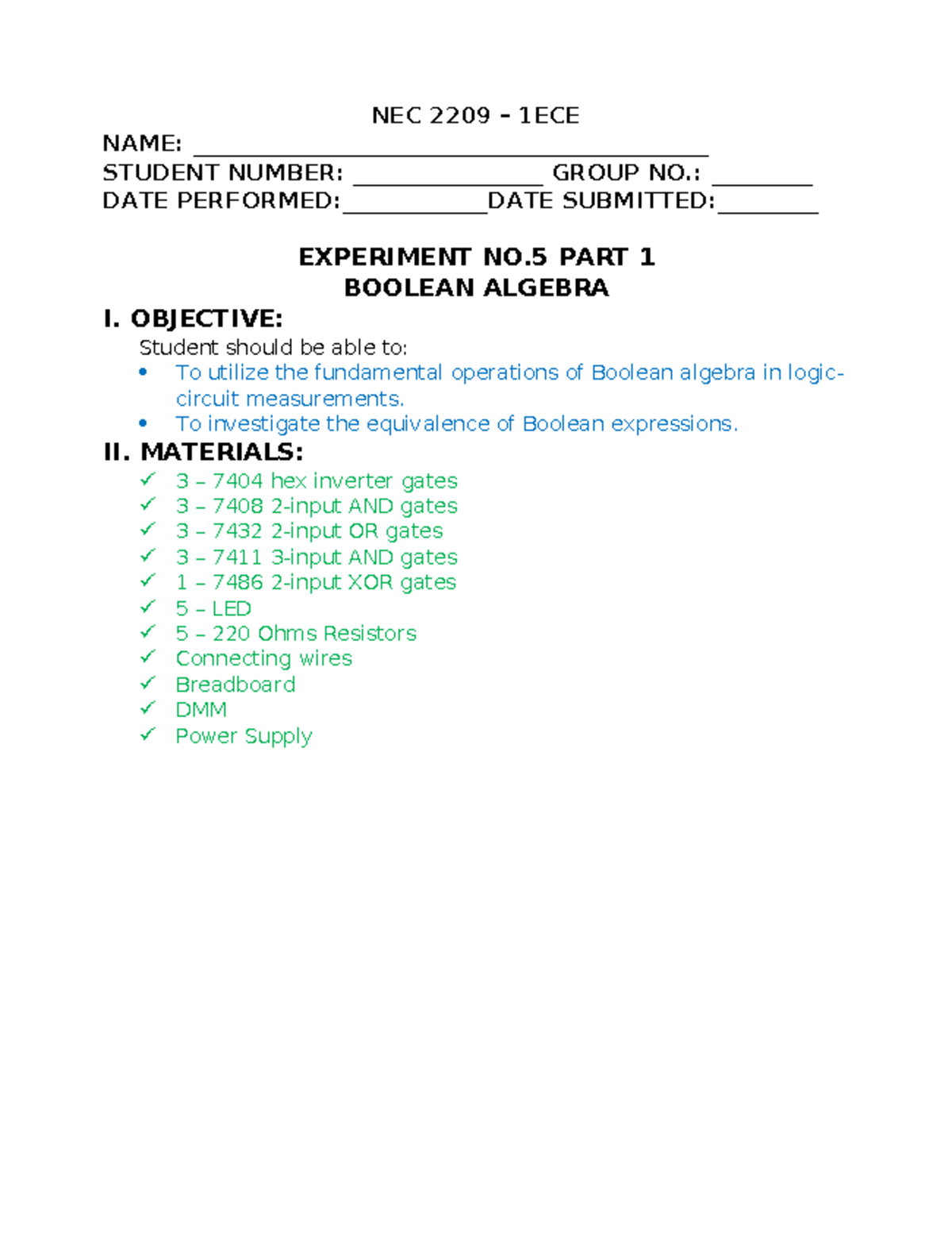 NEC 2209 Experiment NO. 5 - Boolean Algebra Part 1 - NEC 2209 – 1ECE NAME: - Studocu