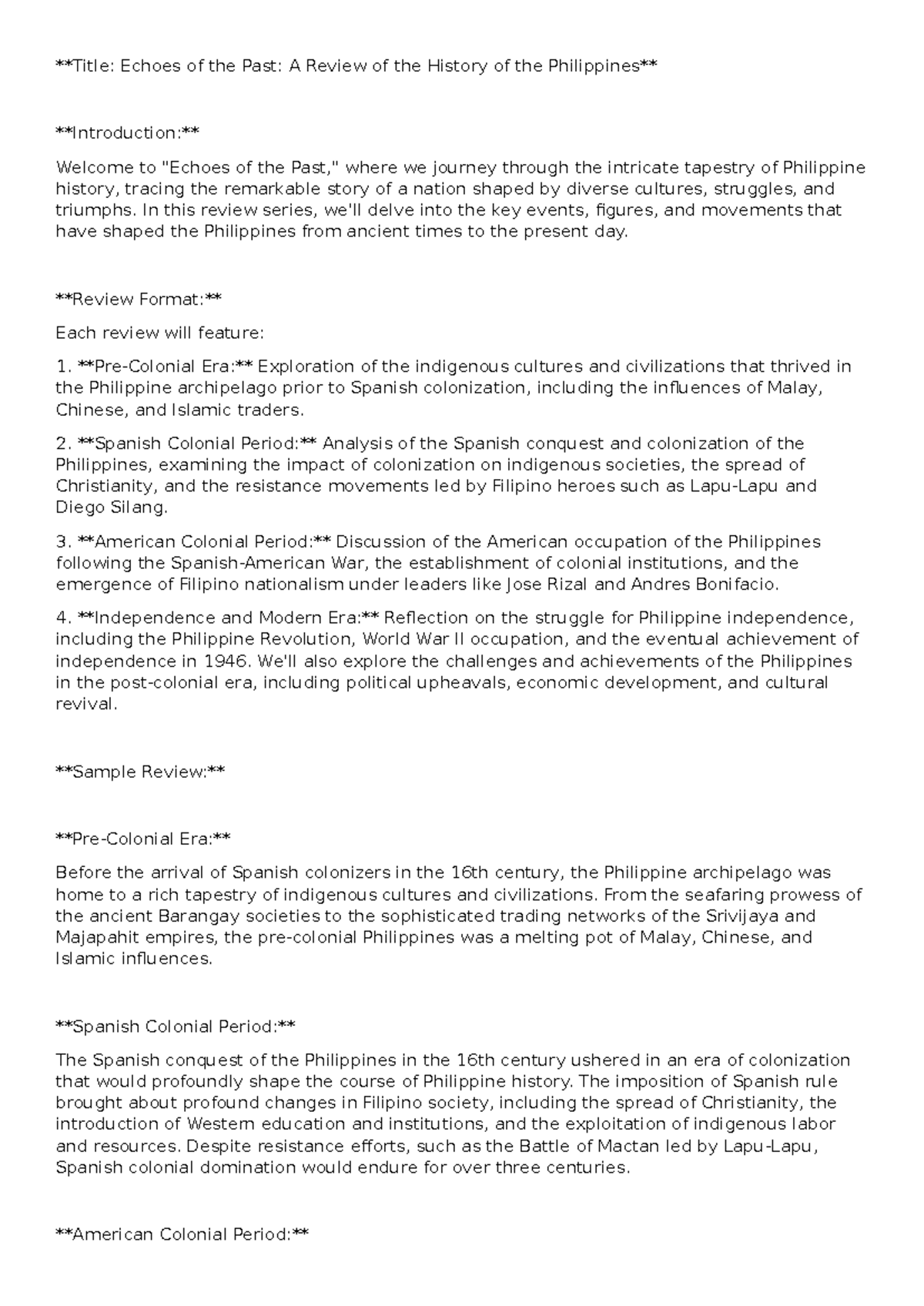 Echoes of the Past: A Review of the History of the Philippines - Title ...