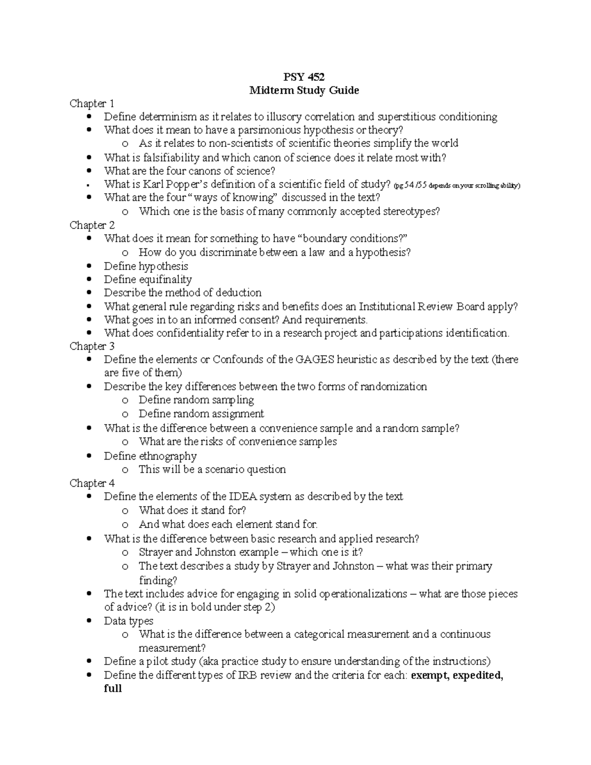Midterm Study Guide Updated - PSY 452 Midterm Study Guide Chapter 1 Define determinism as it ...